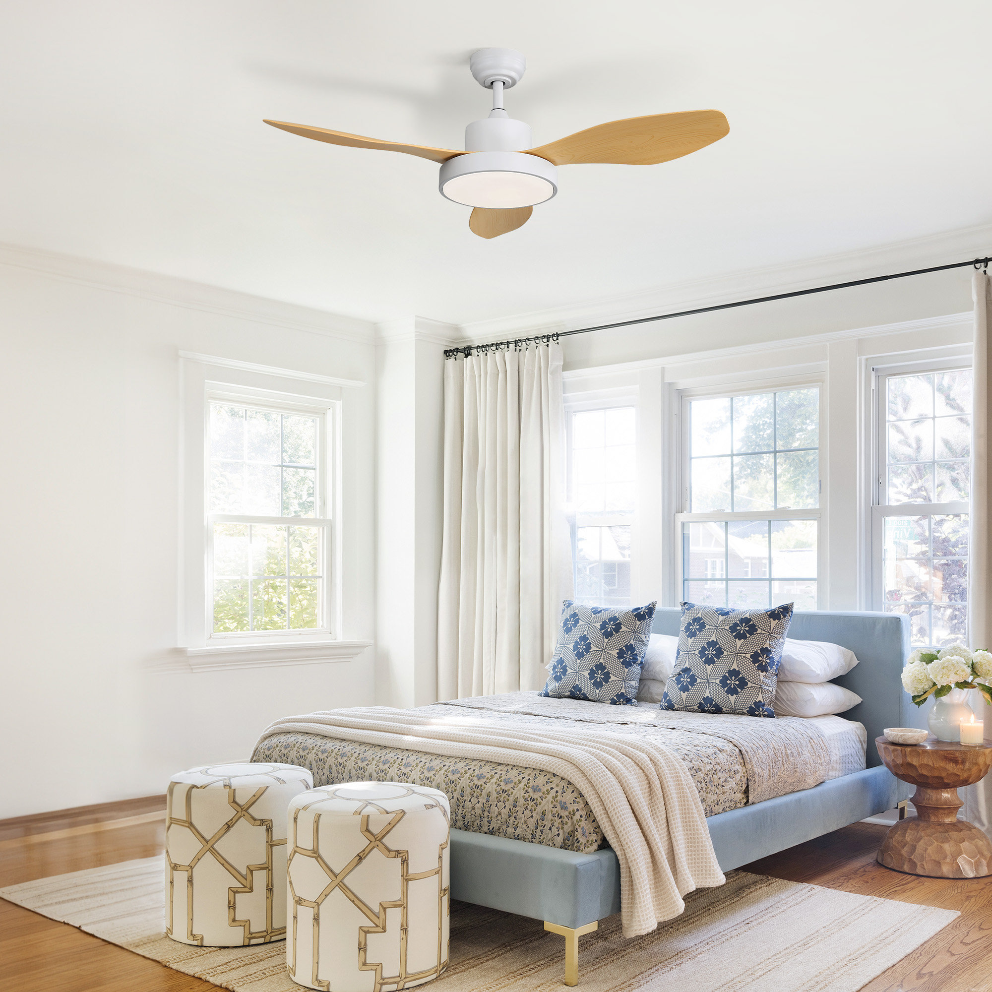 OUMUCH 52'' 3 - Blade Wood Ceiling Fans With 3 Colour Lights Remote Control And 6 Speed Levels ...