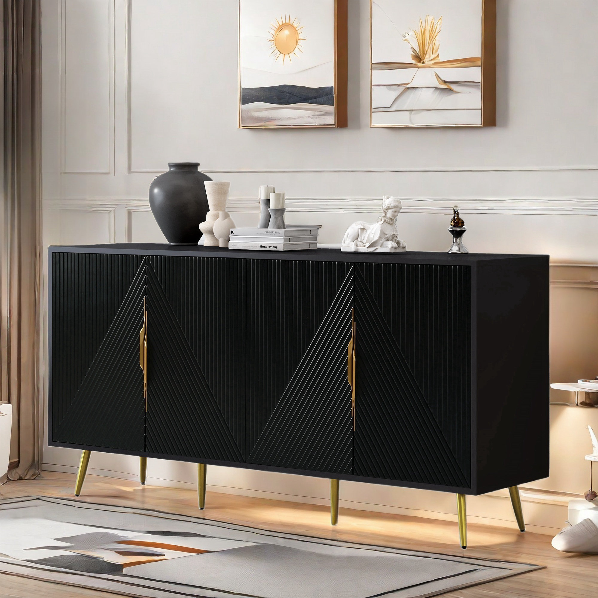 Mercer41 Niara Stylish Sideboard with Wave Geometric Design, Conical ...