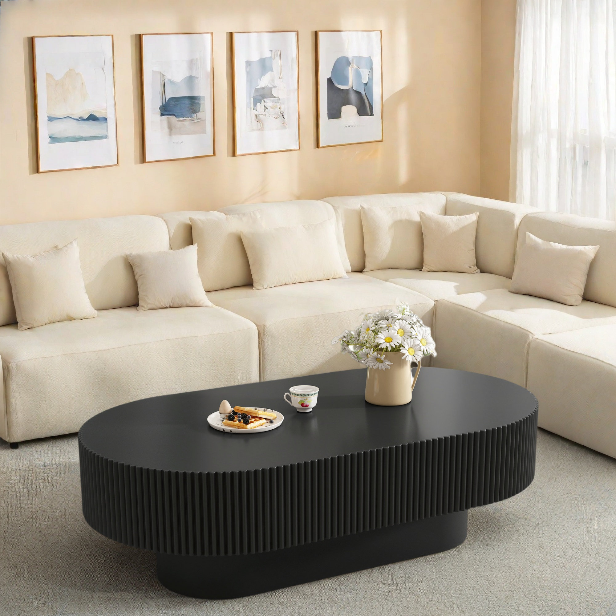 Latitude Run® Elegant Oval Coffee Table With Thick Tabletop And Fluted ...