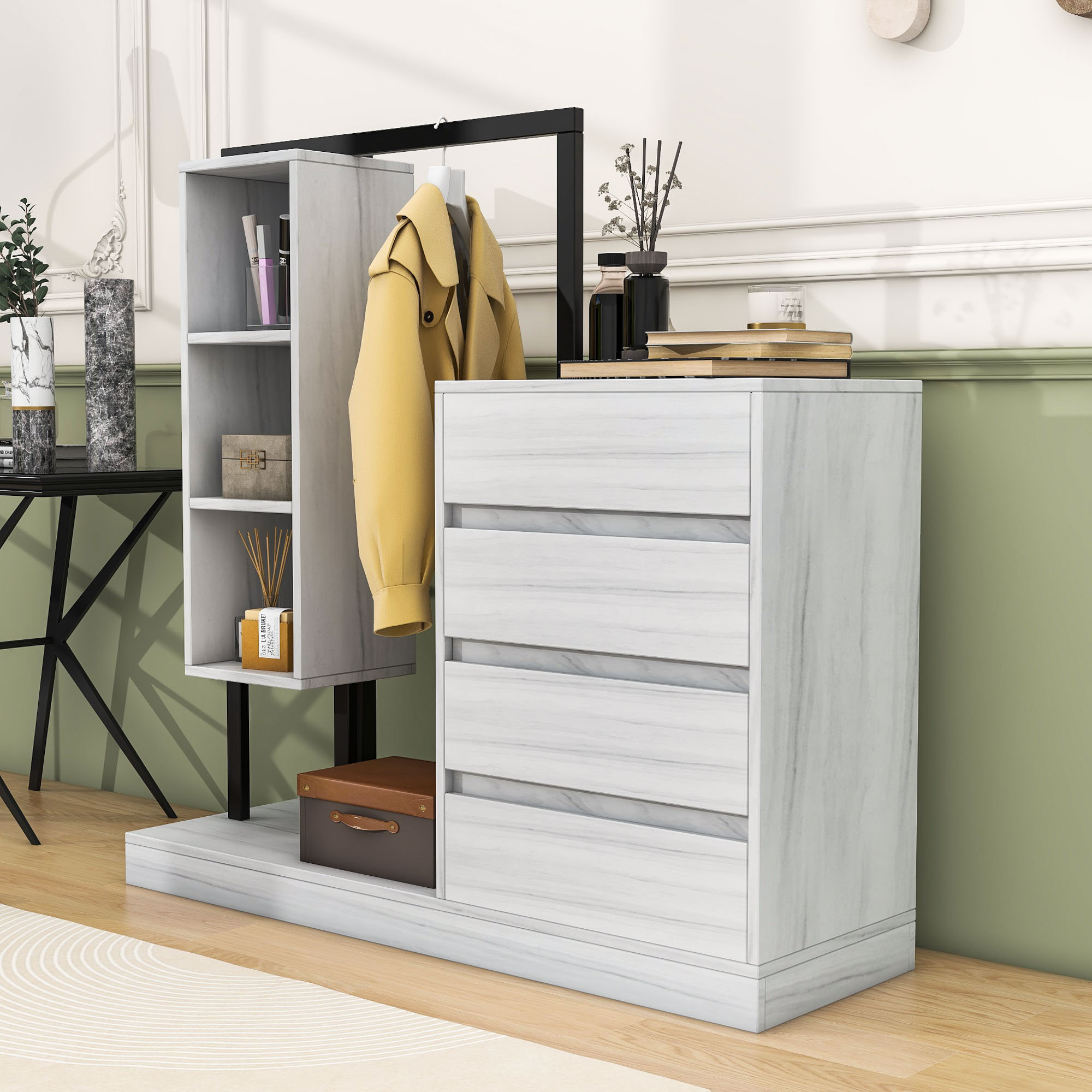 Ebern Designs Wardrobe with Built-In Storage Drawers and Shelves ...