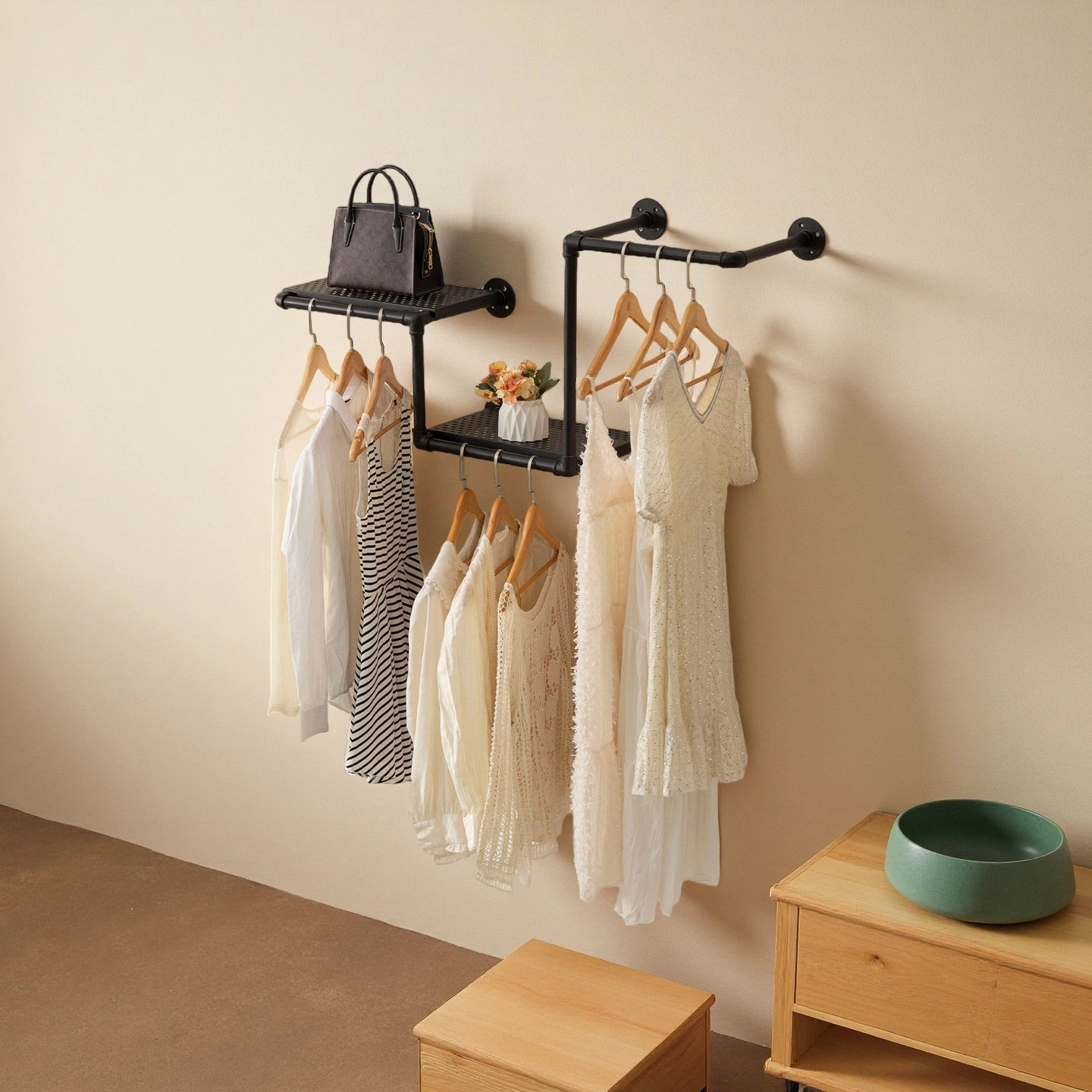 17 Stories Industrial Pipe Clothing Rack Wall Mounted With Metal Shelf ...