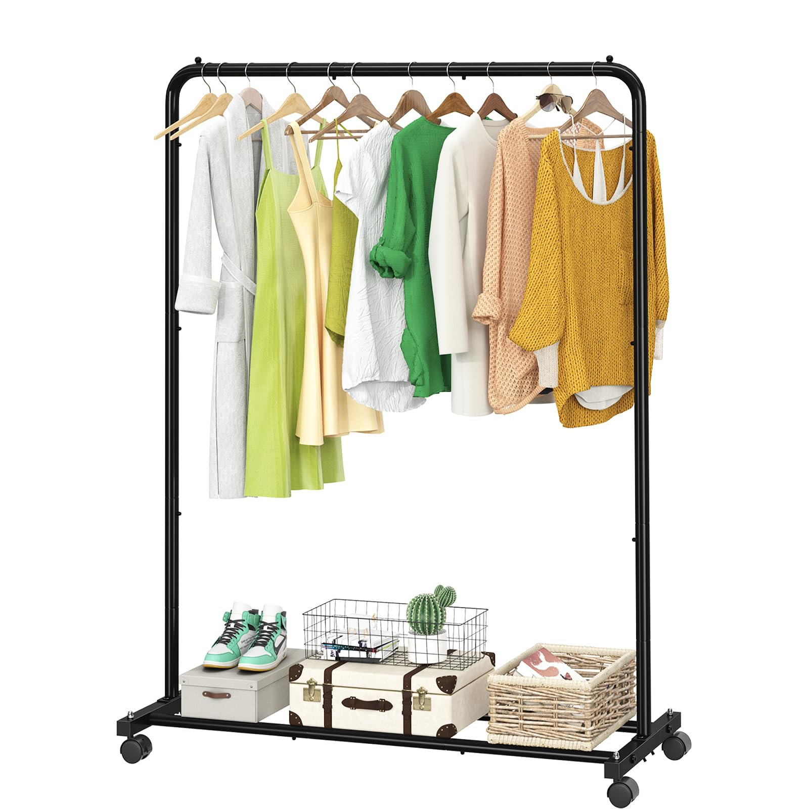 Rebrilliant Standard Clothes Clothing Garment Rack with Storage Shelves ...
