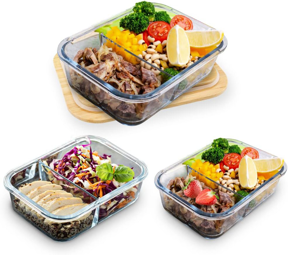 Prep & Savour Glass Lunch Storage Containers With Compartment Dividers ...