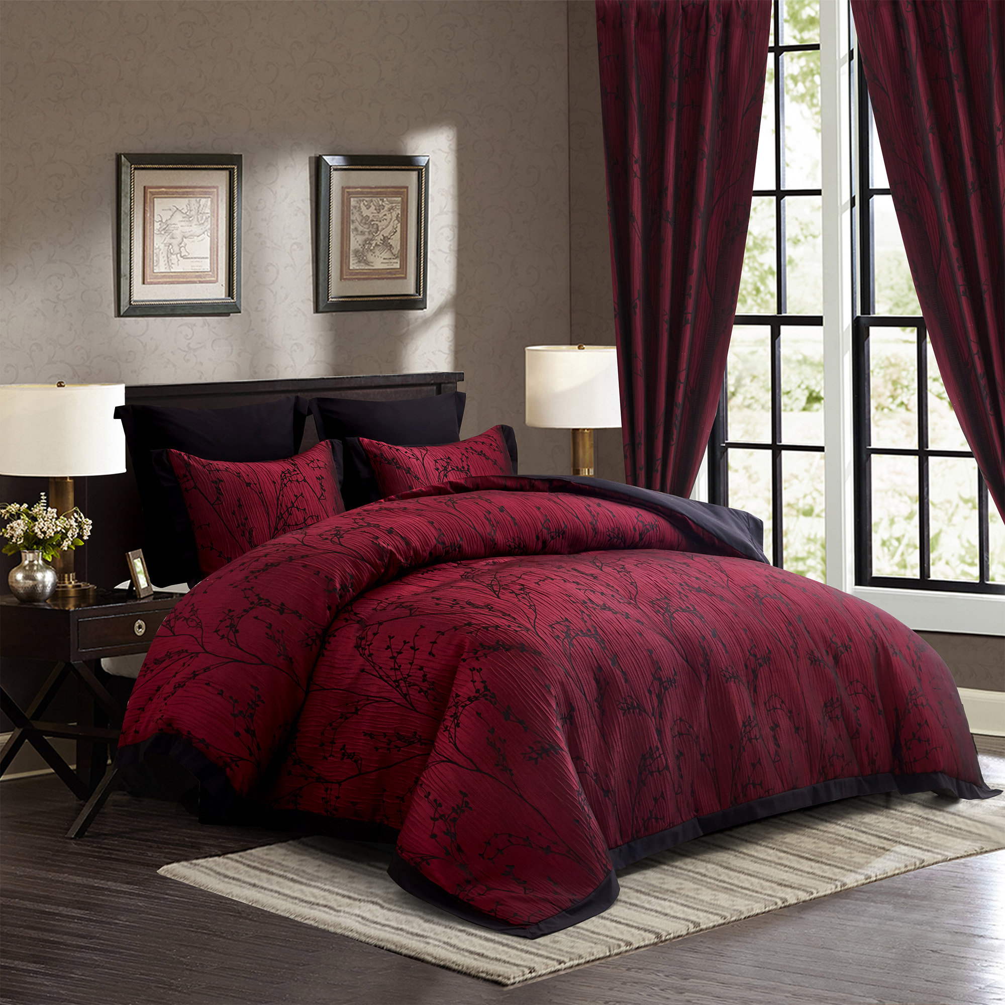 BRHF Red Jacquard Patchwork Comforter Set with Matching Curtains,Bed in ...