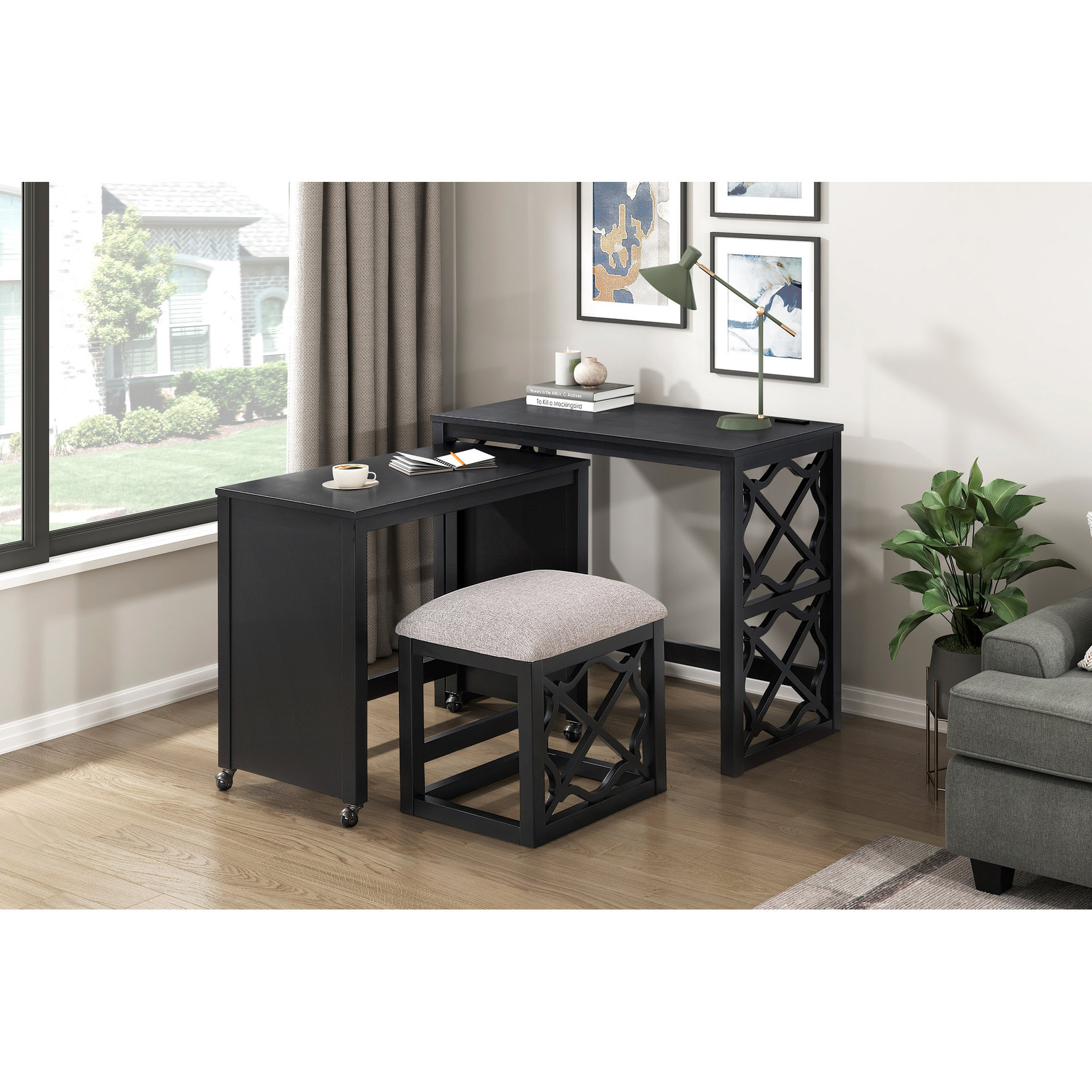 George Oliver Contemporary 3pc Desks And Stool , Black, With Rolling ...