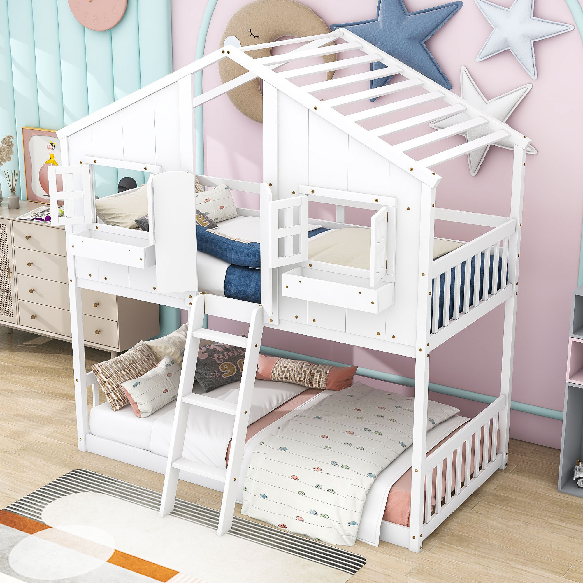 Harper Orchard Vibbert Kids Twin Over Twin Wooden Bunk Bed with Shelves ...