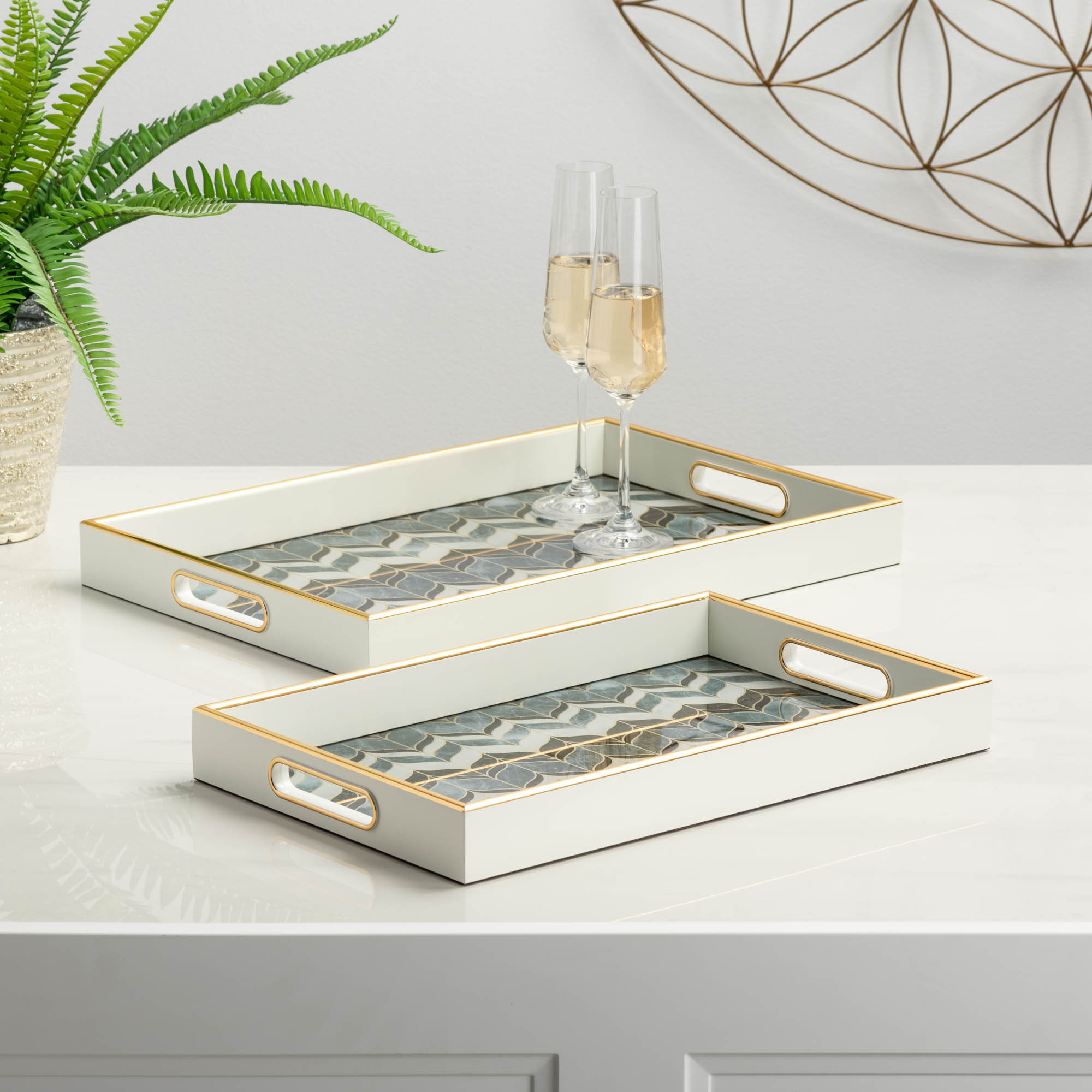 Everly Quinn Savoy Glass Gold Trim Rectangular Trays (Set of 2) | Wayfair