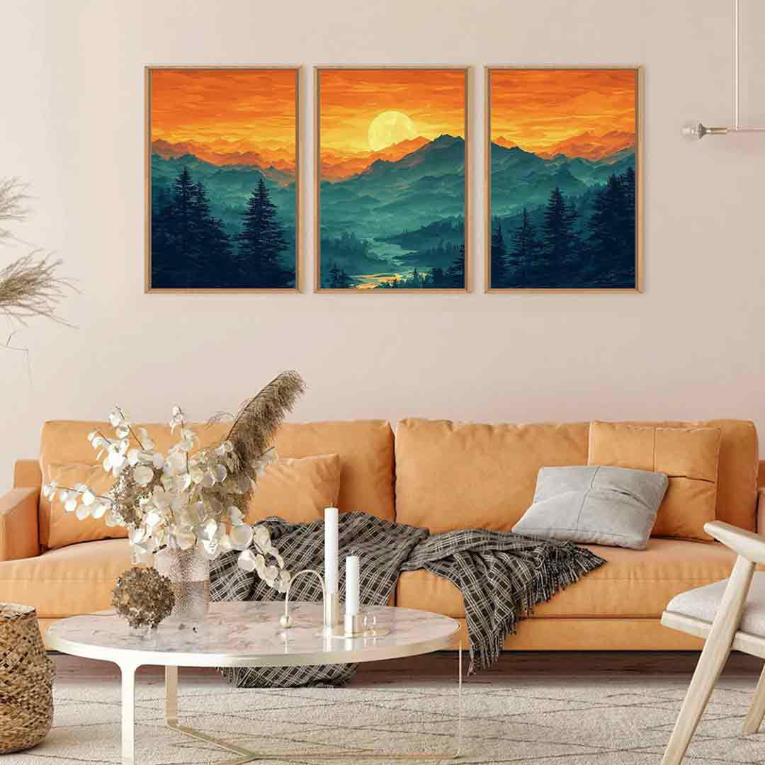 TELOVIN Boho Mountain Framed Canvas Wall Art Set, Forest Sunrise Wall ...