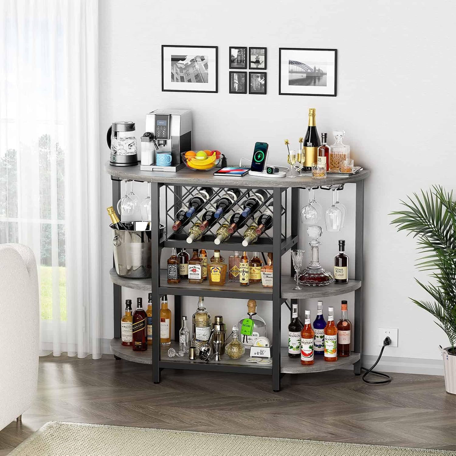 17 Stories Bar Cart Bar Table with Power Outlet, LED Home Bar Cabinet ...