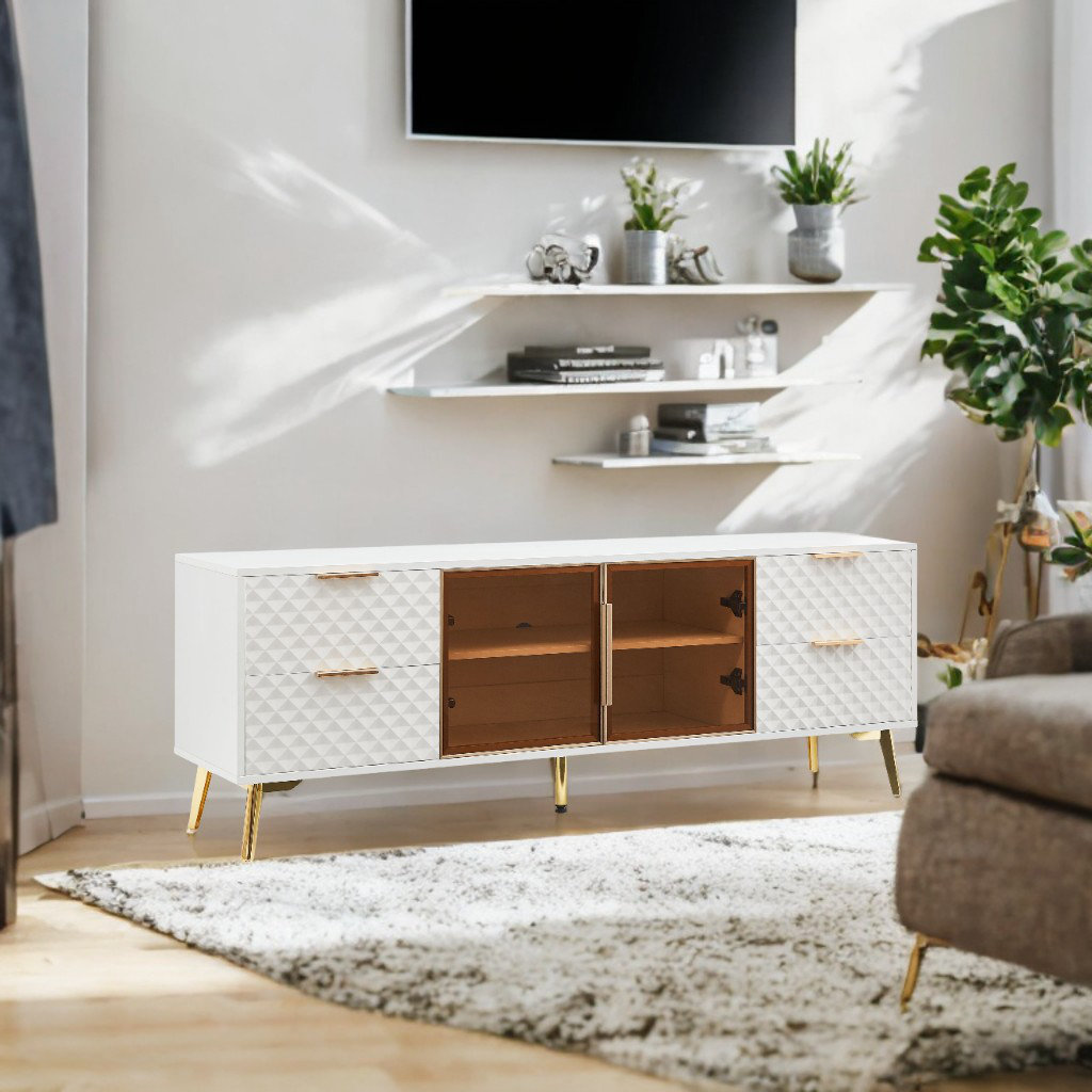 Mercer41 Geometric TV Stand with Drawers & Glass Doors | Wayfair