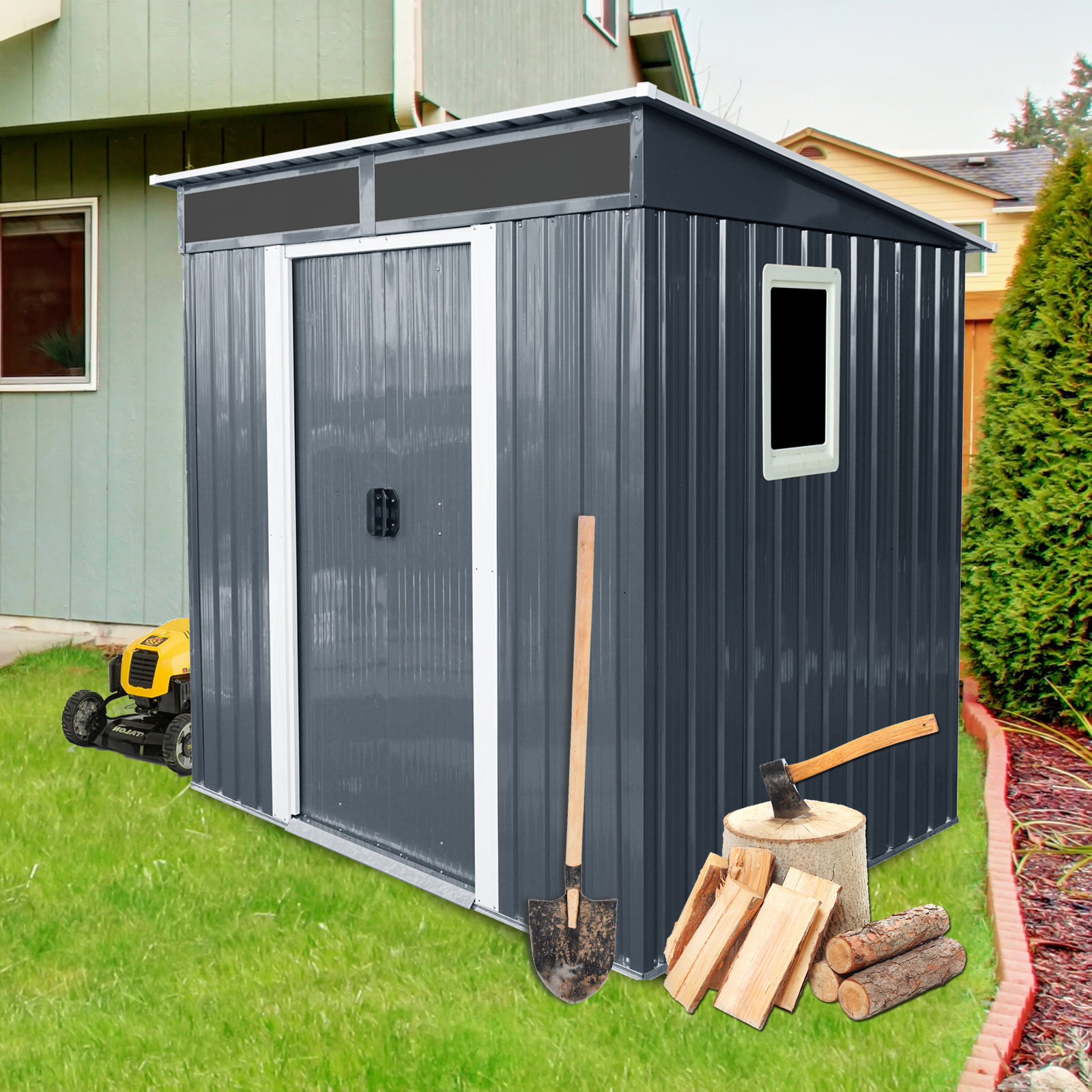 HOA.WWC 6X5 Metal Outdoor Storage Shed Black With Window And ...