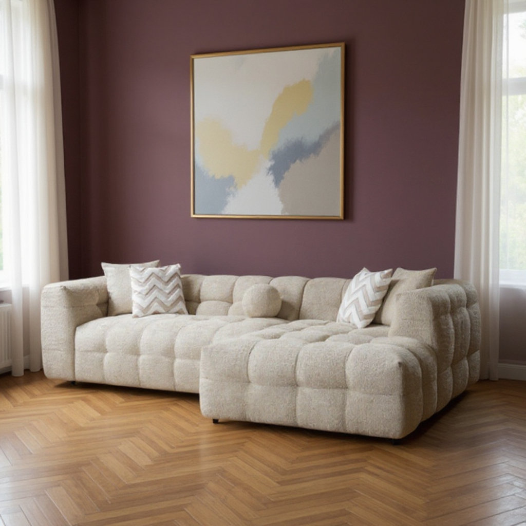 Hokku Designs Ivory Boucle L Shaped Two Piece Sofa and Chaise Sectional ...