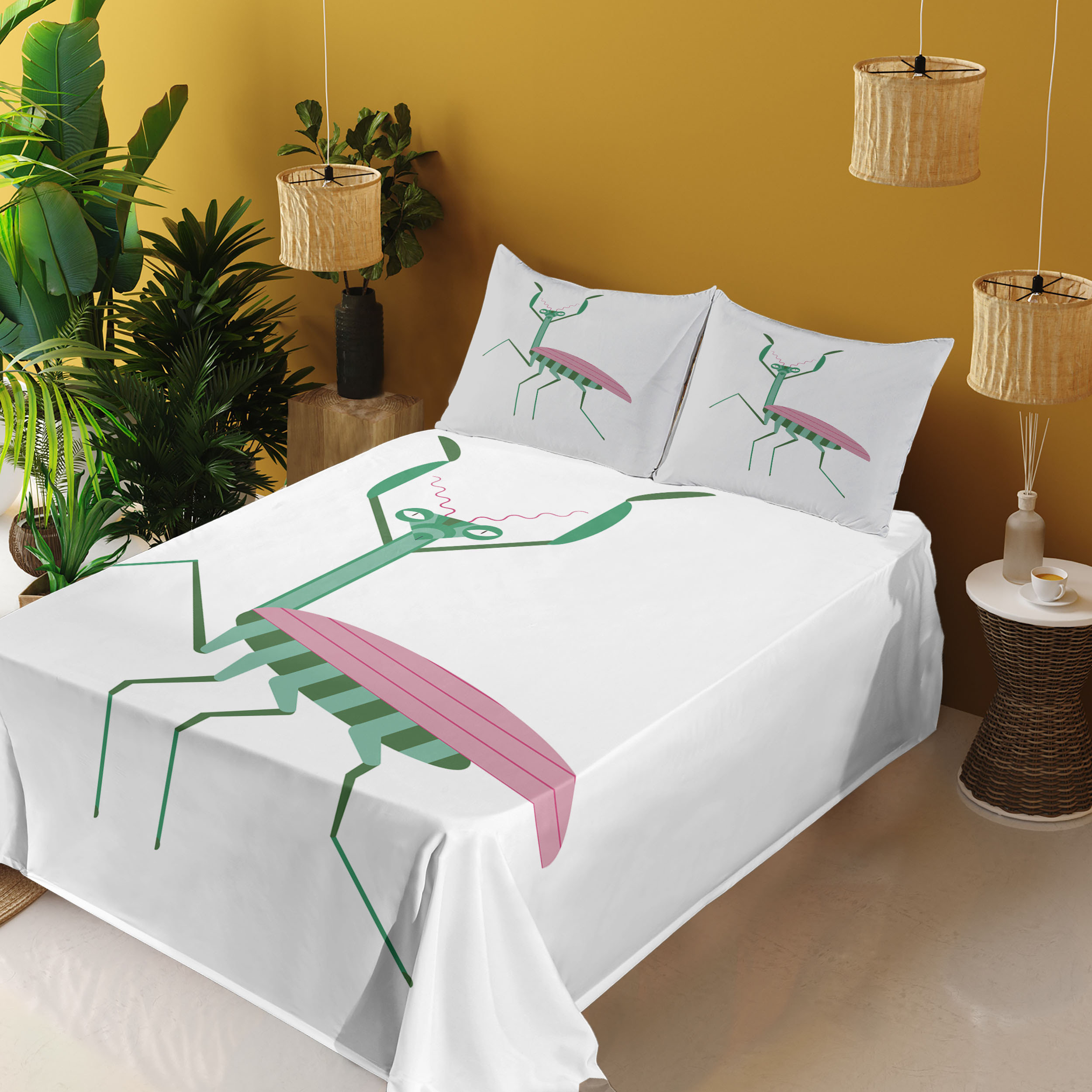 Ambesonne Tropical Sheet Set Cartoon Mantis Minimalist Jade Green and ...