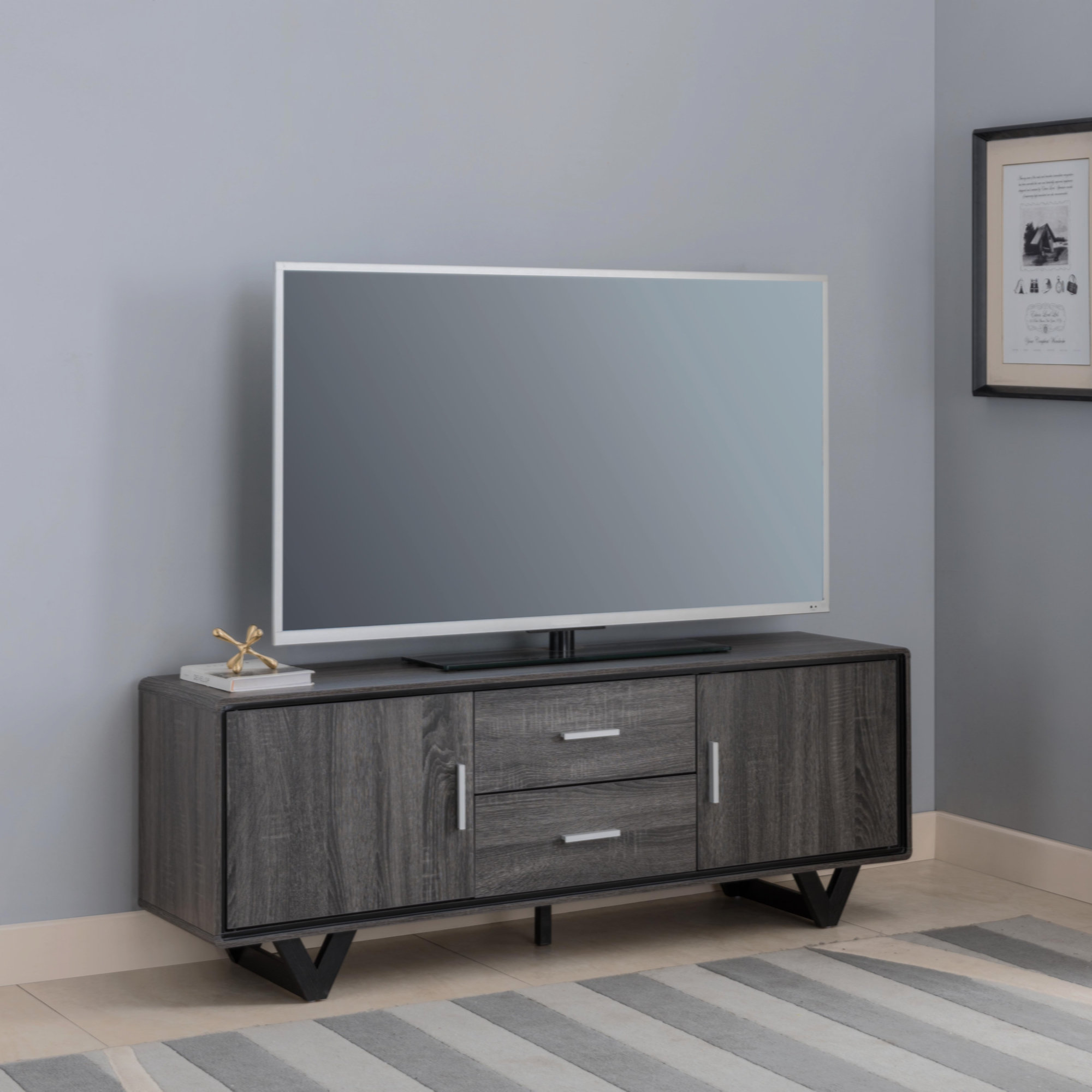 George Oliver Modern Wooden 60" TV Stand With Two Center Drawers, Two ...