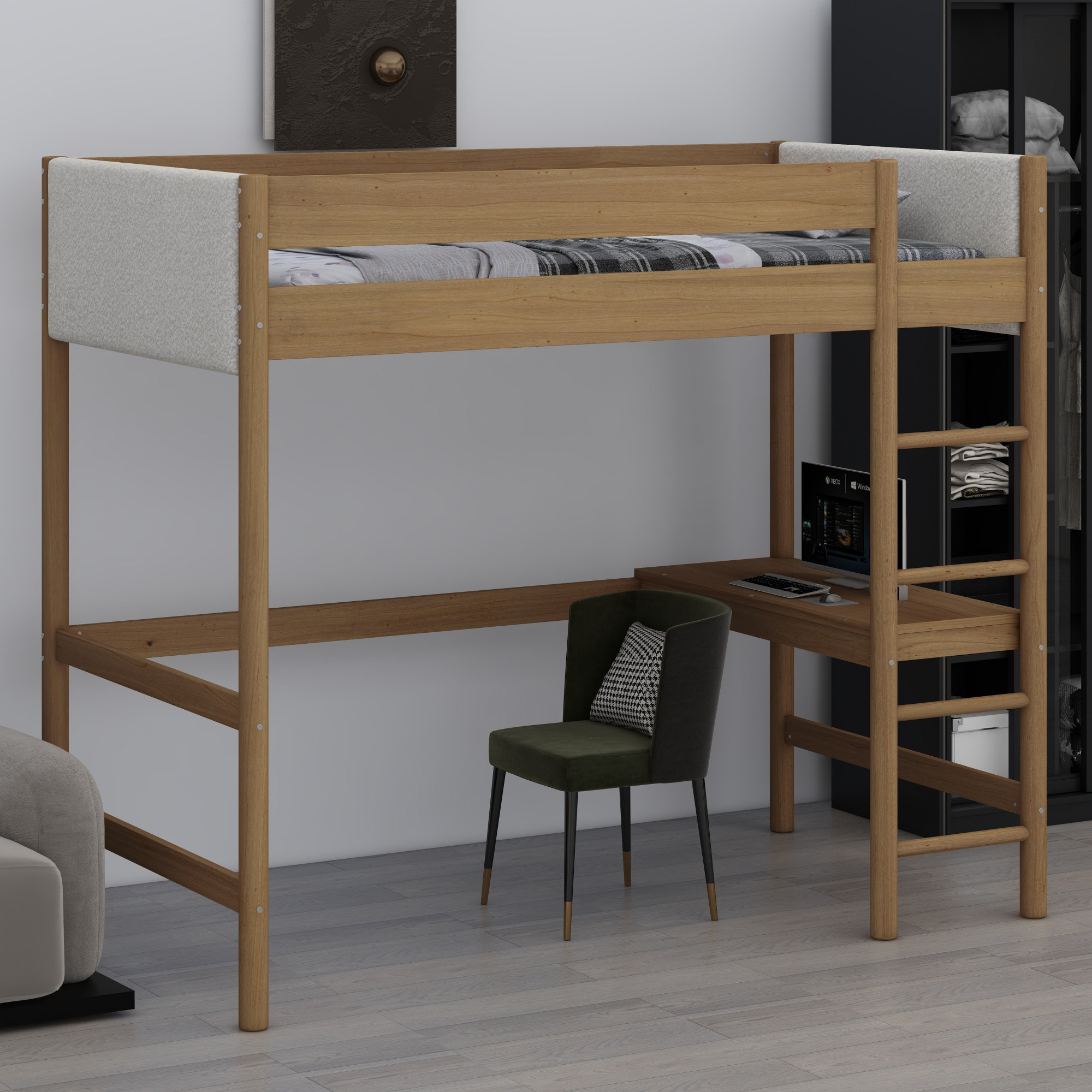 Harriet Bee Loft Bed With Desk, Upholstered Headboard And Footboard ...
