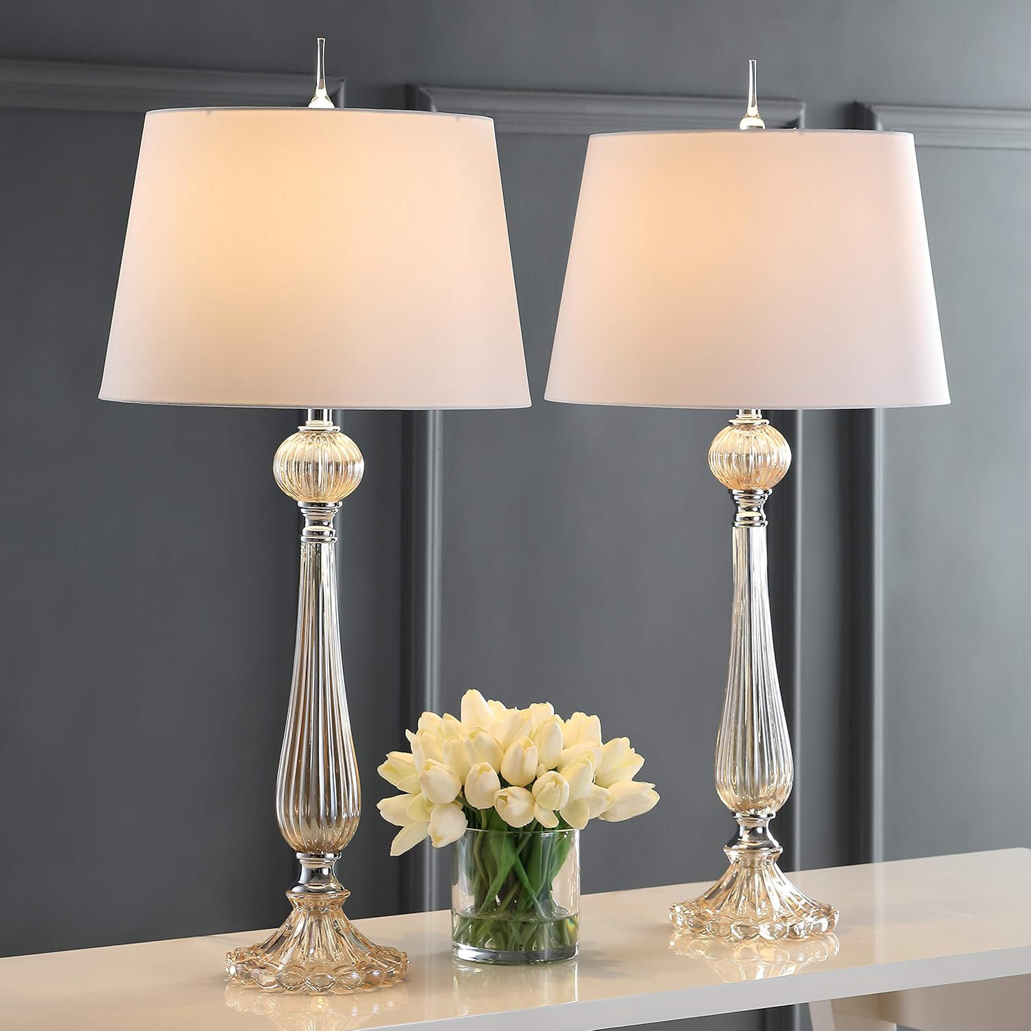 BY Family Set Of 2 Glass Led Table Lamps With Faux Silk Shade ...