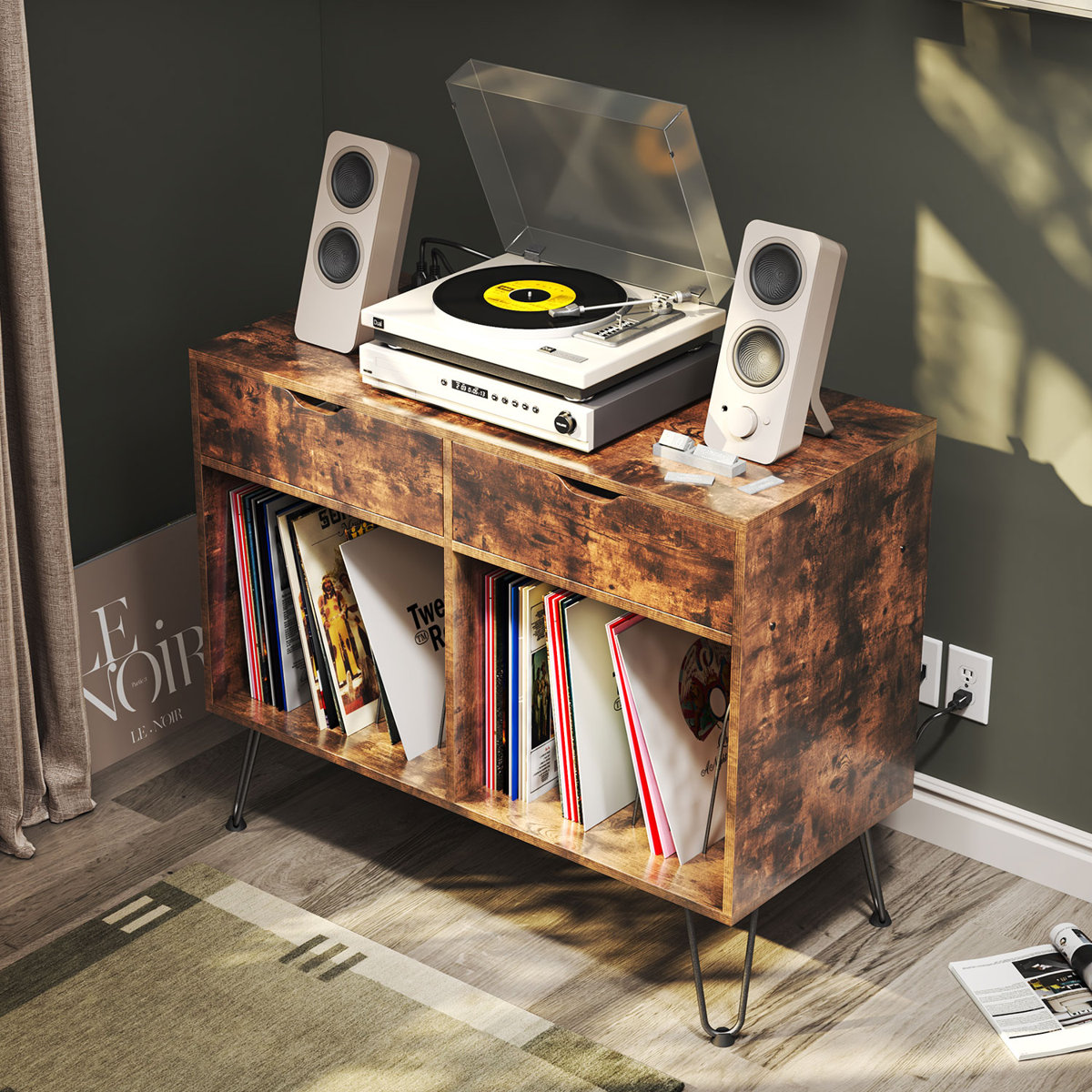 17 Stories Vinyl Record Player Turntable Stand Multimedia Media Shelves ...