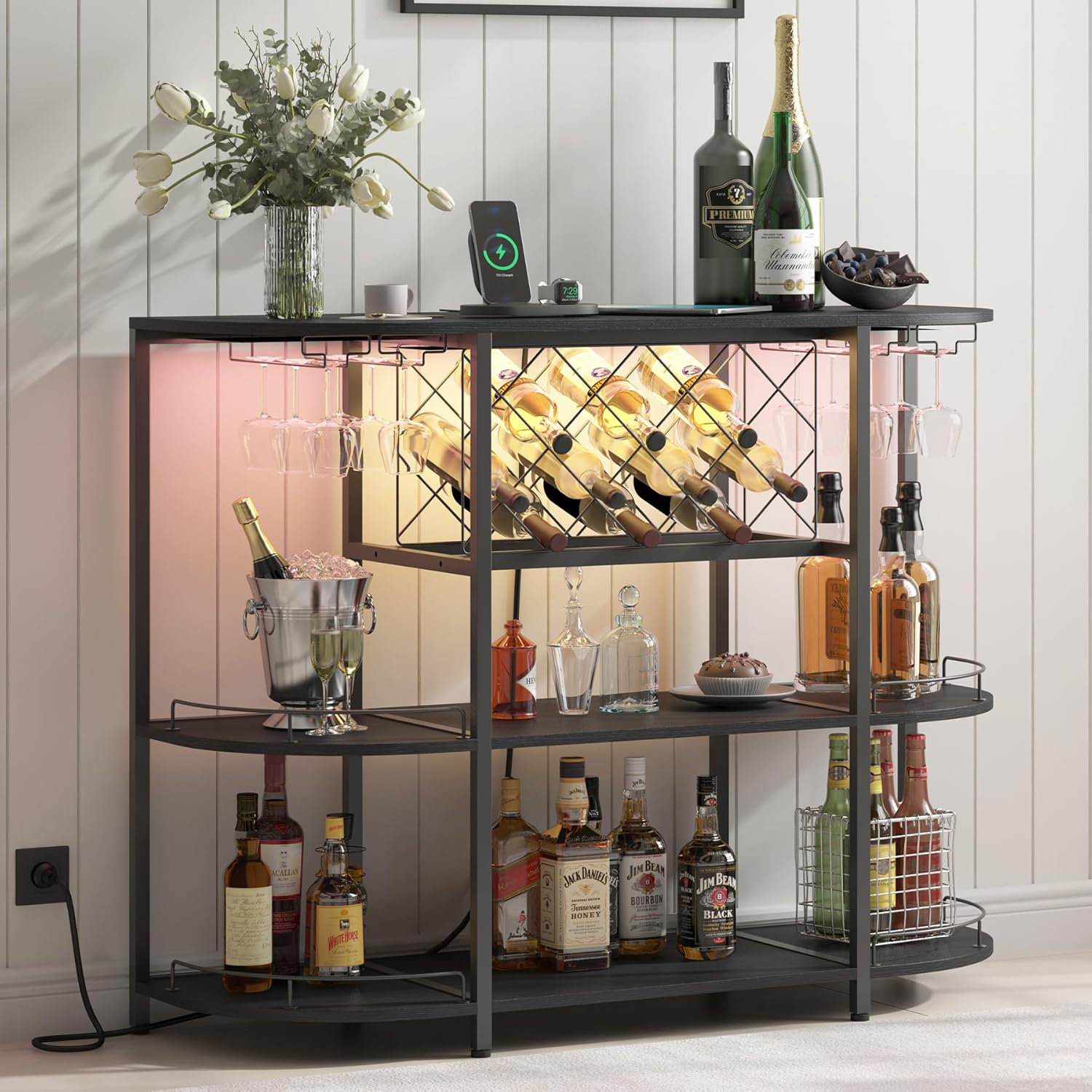 17 Stories Wine Cabinet Bar Cart Table with Power Socket and LED Light ...