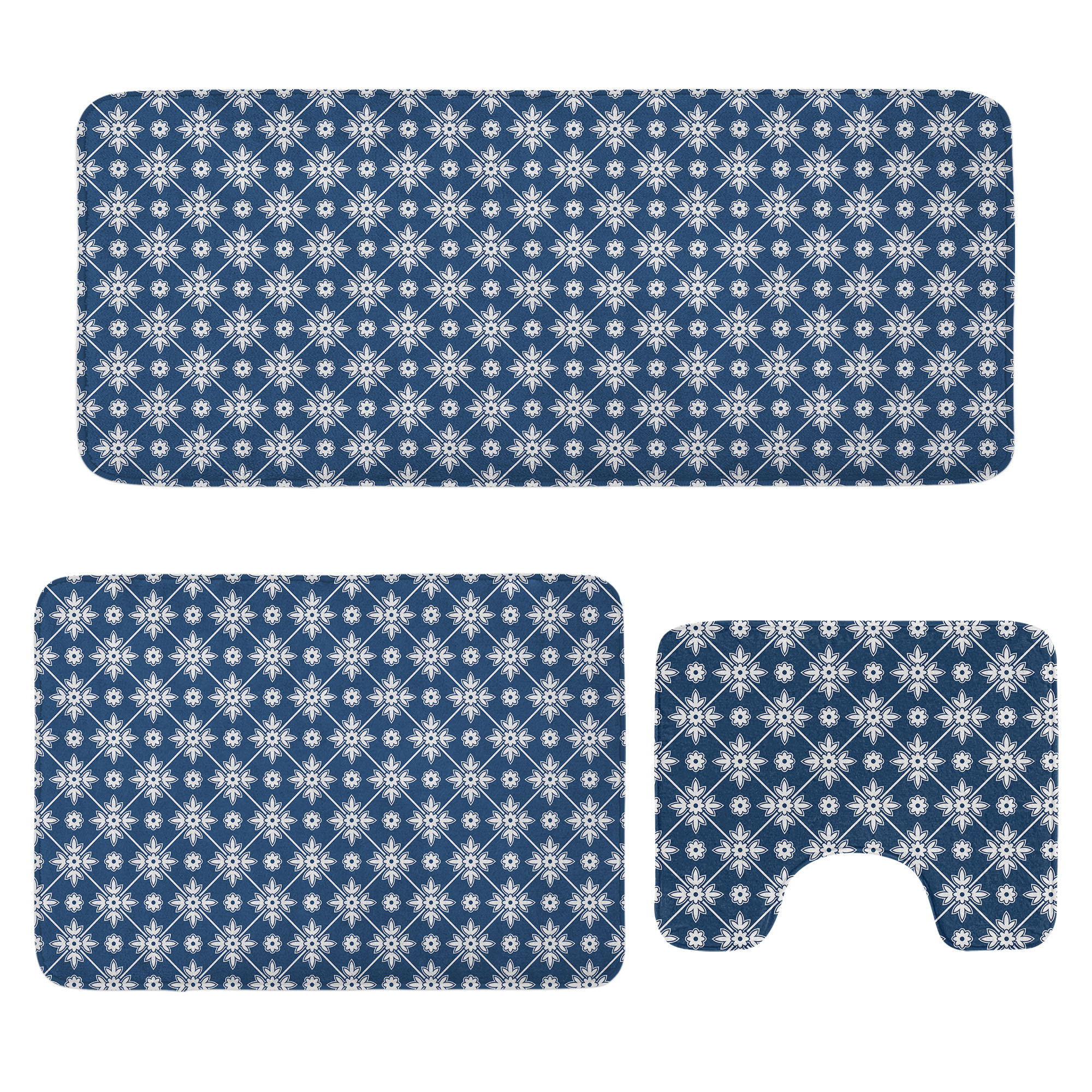 Red Barrel Studio® Blue Bathroom Rug Set 3 Pieces U-Shape & Rectangle ...