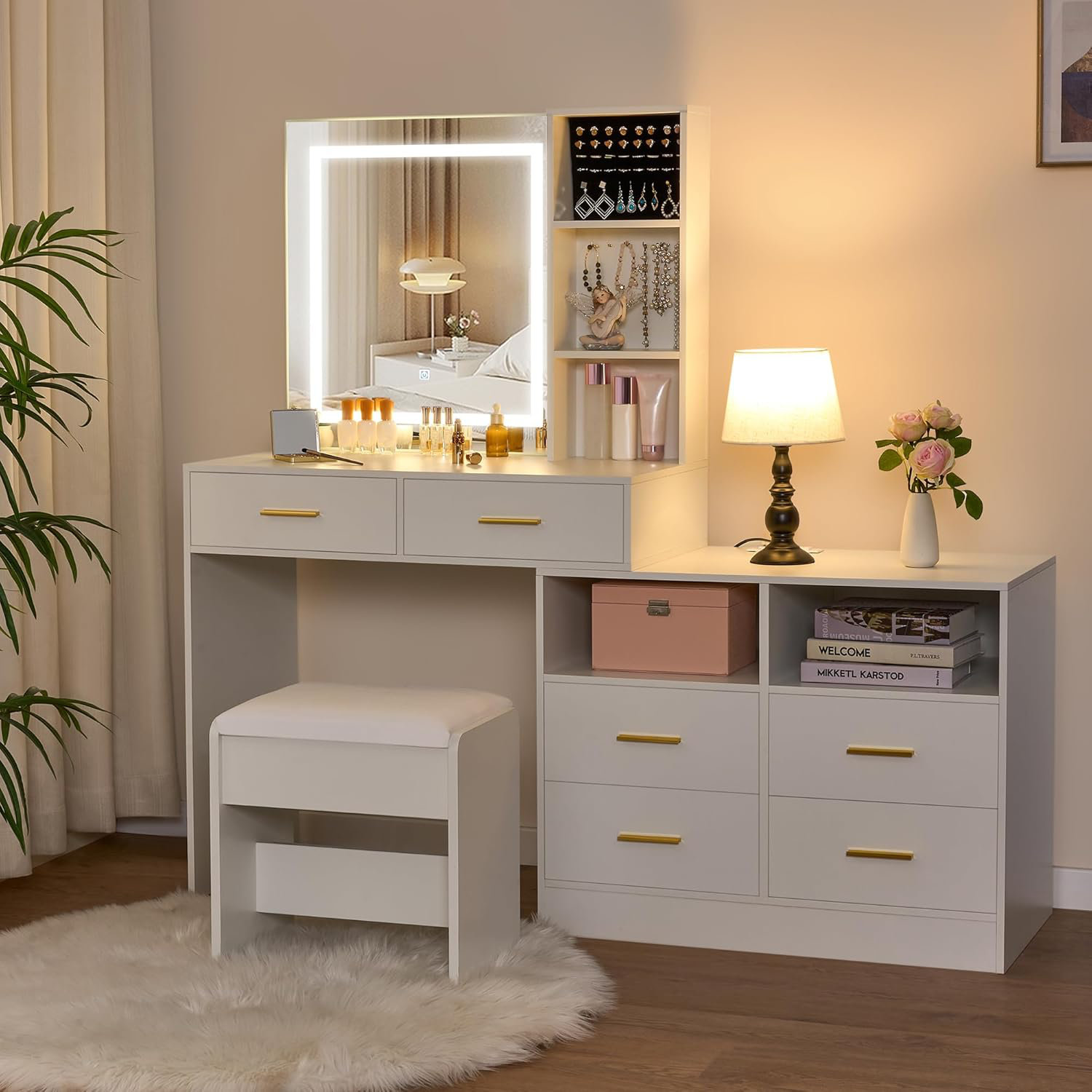 Hokku Designs Makeup Vanity L Shape Change Makeup Desk with 6 Drawers ...