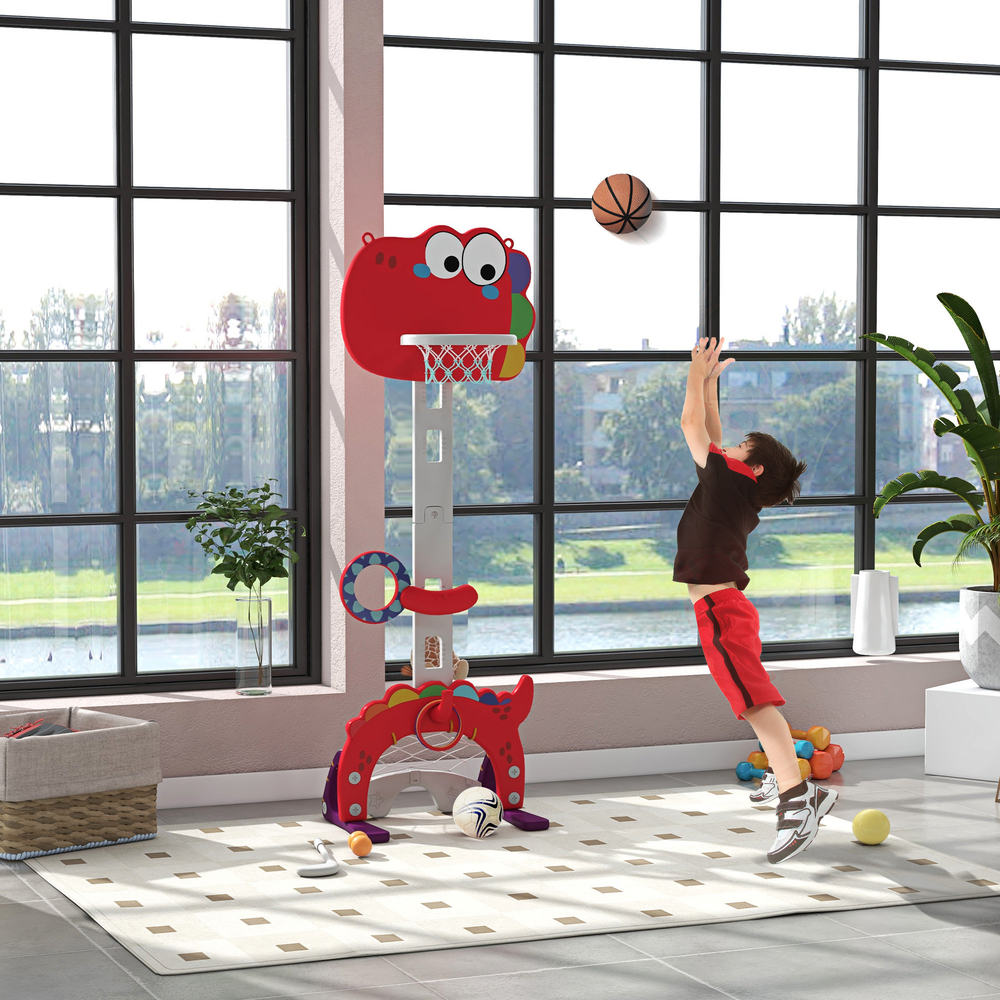 Qaba Kids Basketball Hoop, Adjustable Height 4.4-5 ft, 5 in 1 Design ...