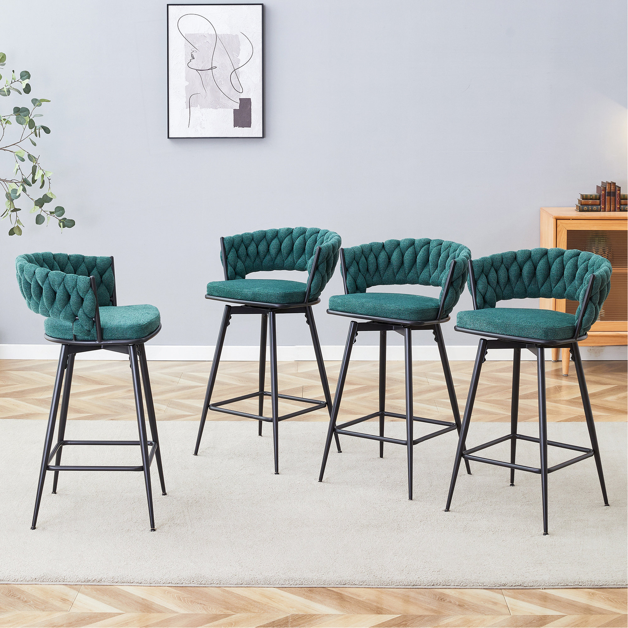 17 Stories A Set Of Four Rotating Bar Stools With Breathable Linen ...