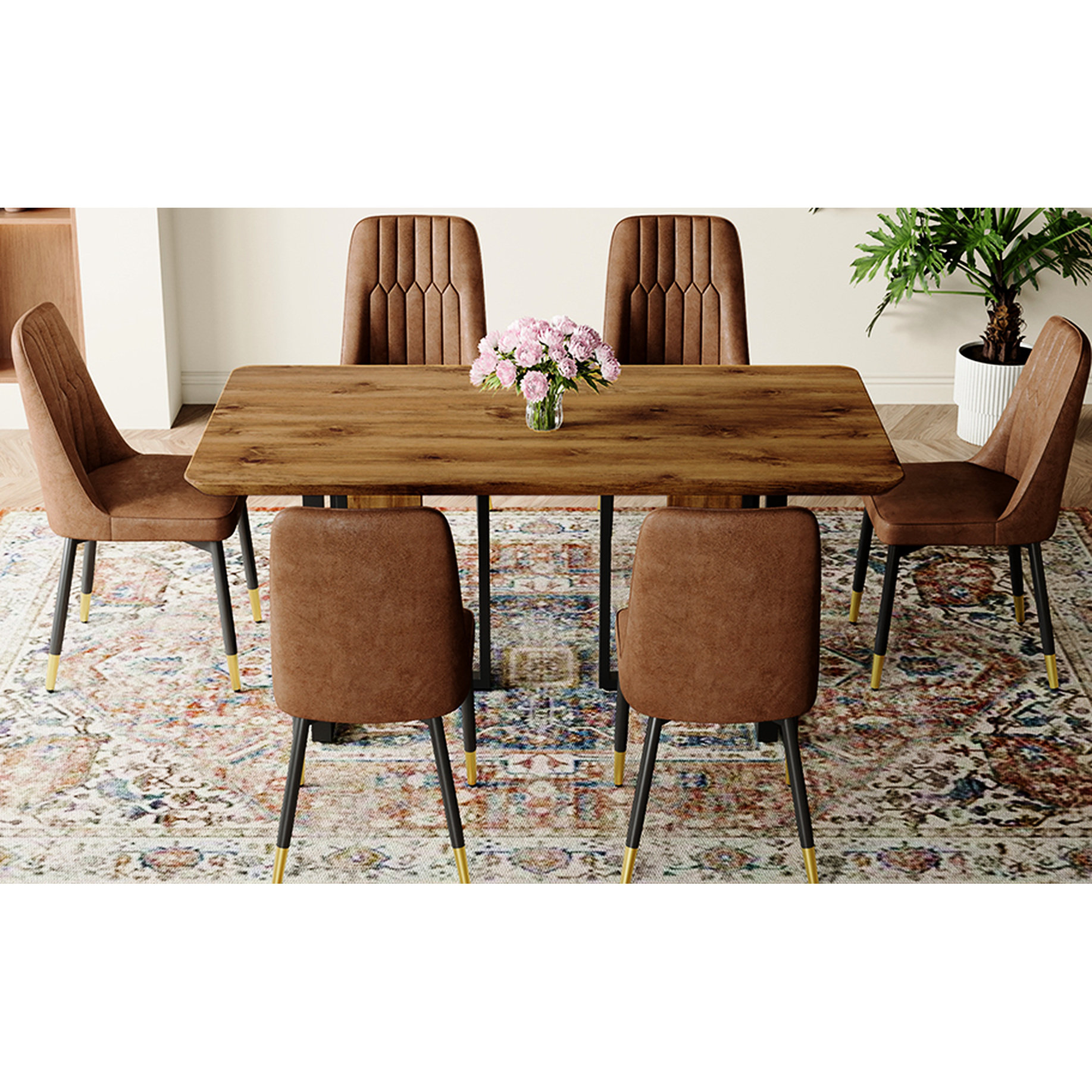 Hokku Designs Brown Suede Chairs And Wood-textured Dining Table For 6 ...