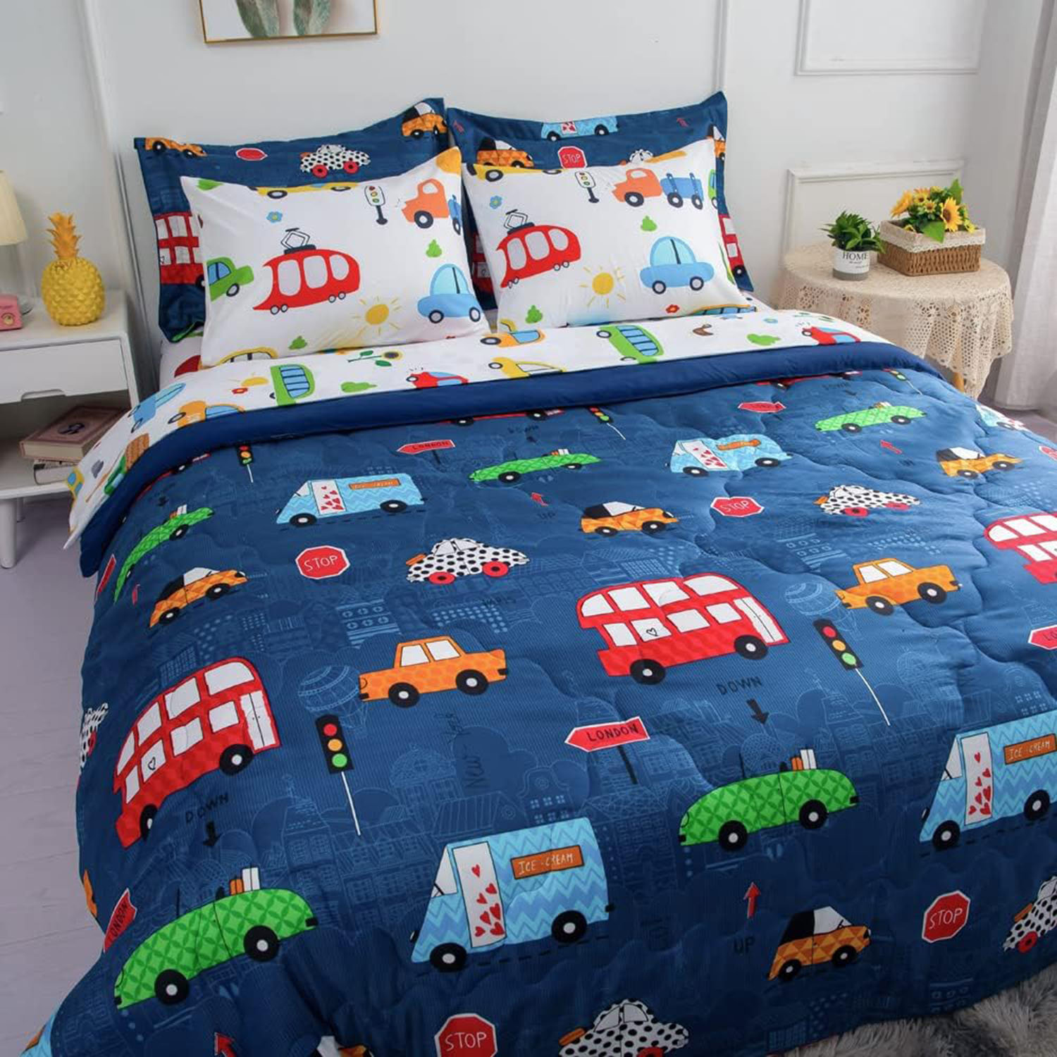 ABESNA Cartoon Cars Comforter Set Bed In A Bag Full Size Colorful Cars ...