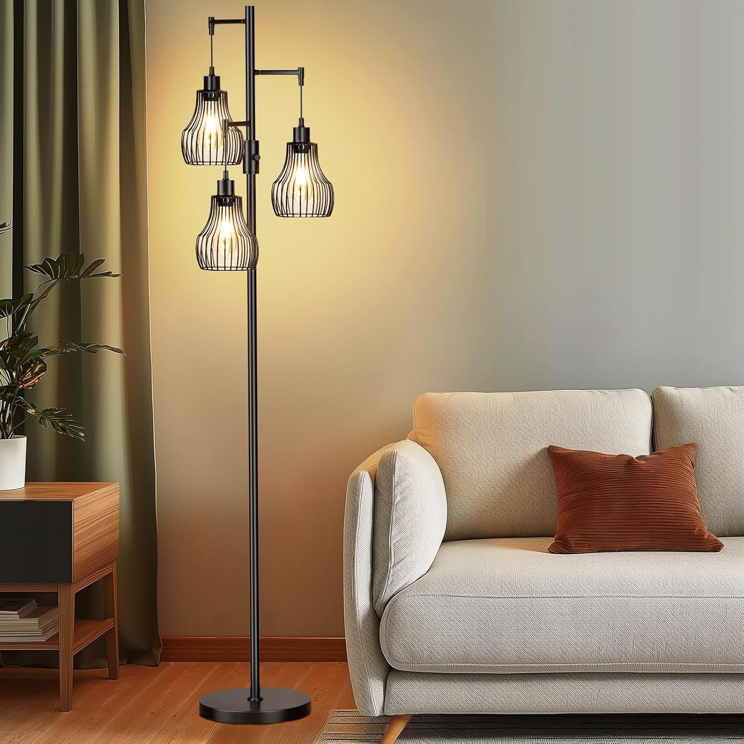 17 Stories Dimmable Floor Lamp, 3 X 800LM LED Edison Bulbs Included ...