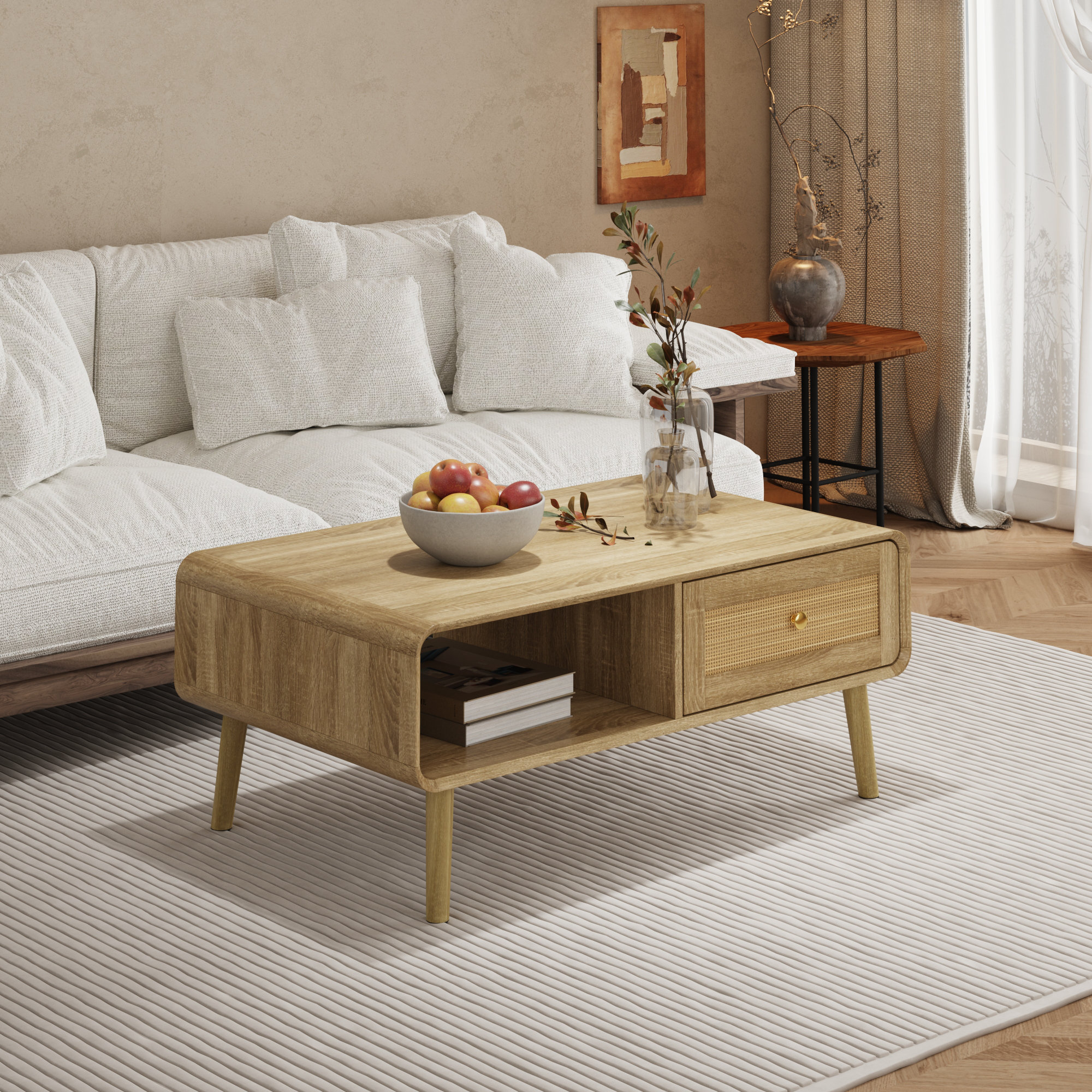 Corrigan Studio® Mid-Century Modern Coffee Table With Rattan Drawer And ...