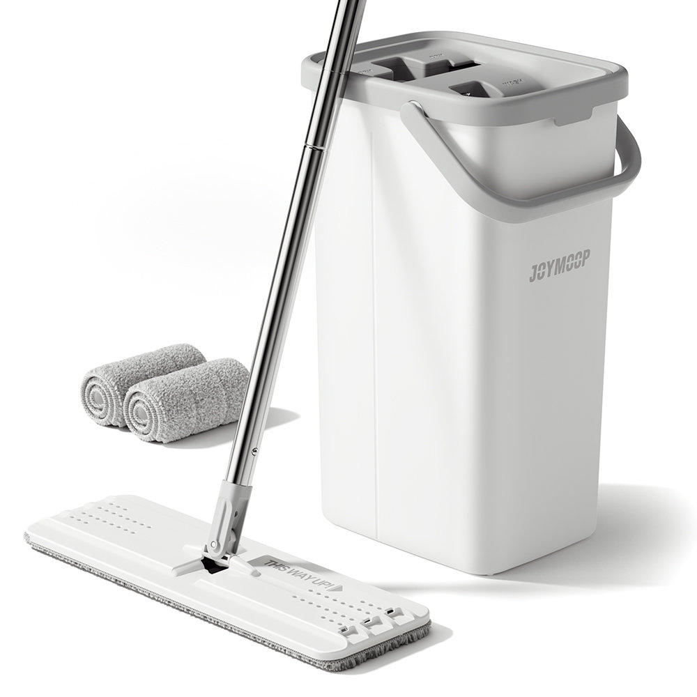 JOYMOOP Flat Squeeze Mop and Bucket Set, with 50" Mop Handle and 2 Grey ...