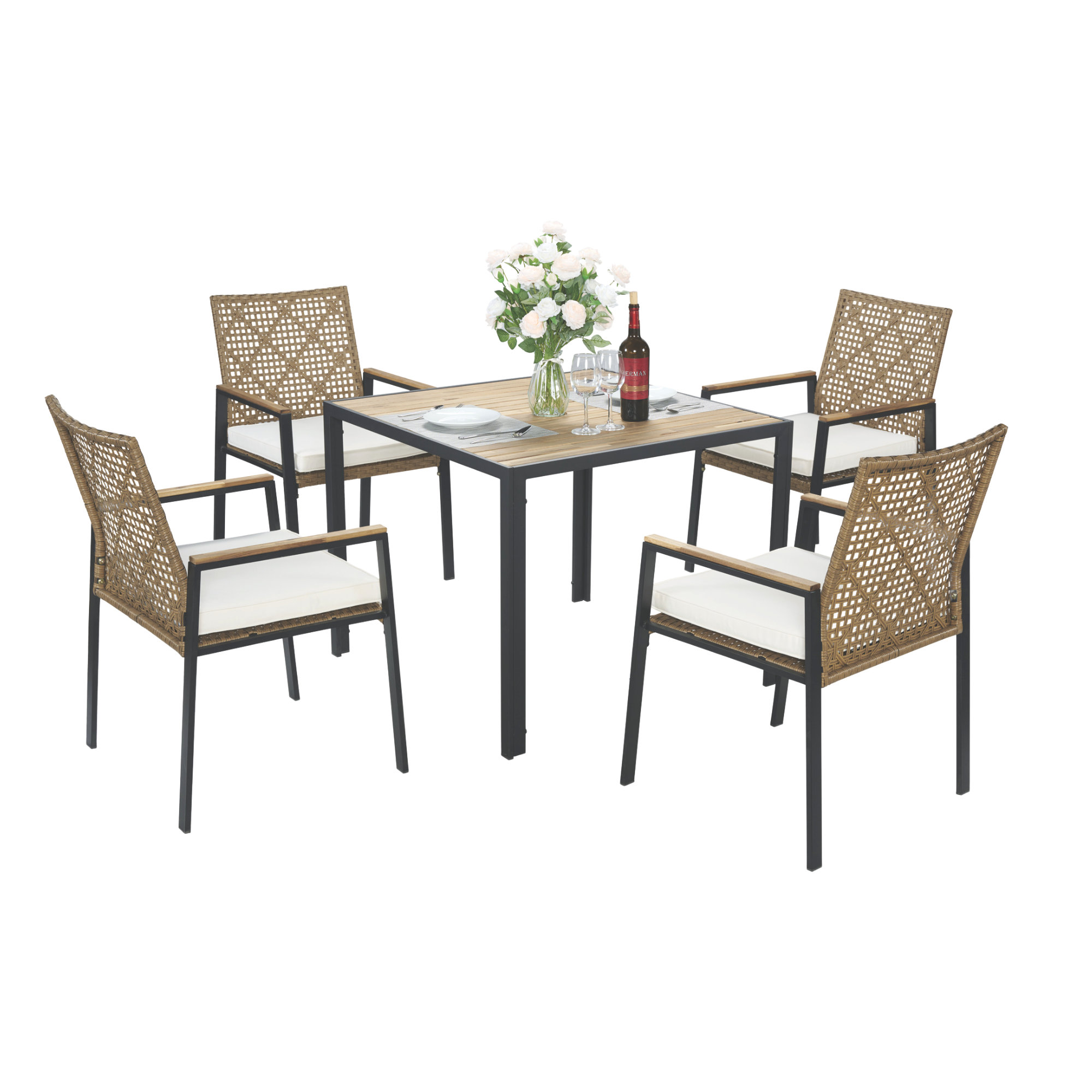 Bayou Breeze 5-Piece All Weather Patio Dining Set with Acacia Wood ...