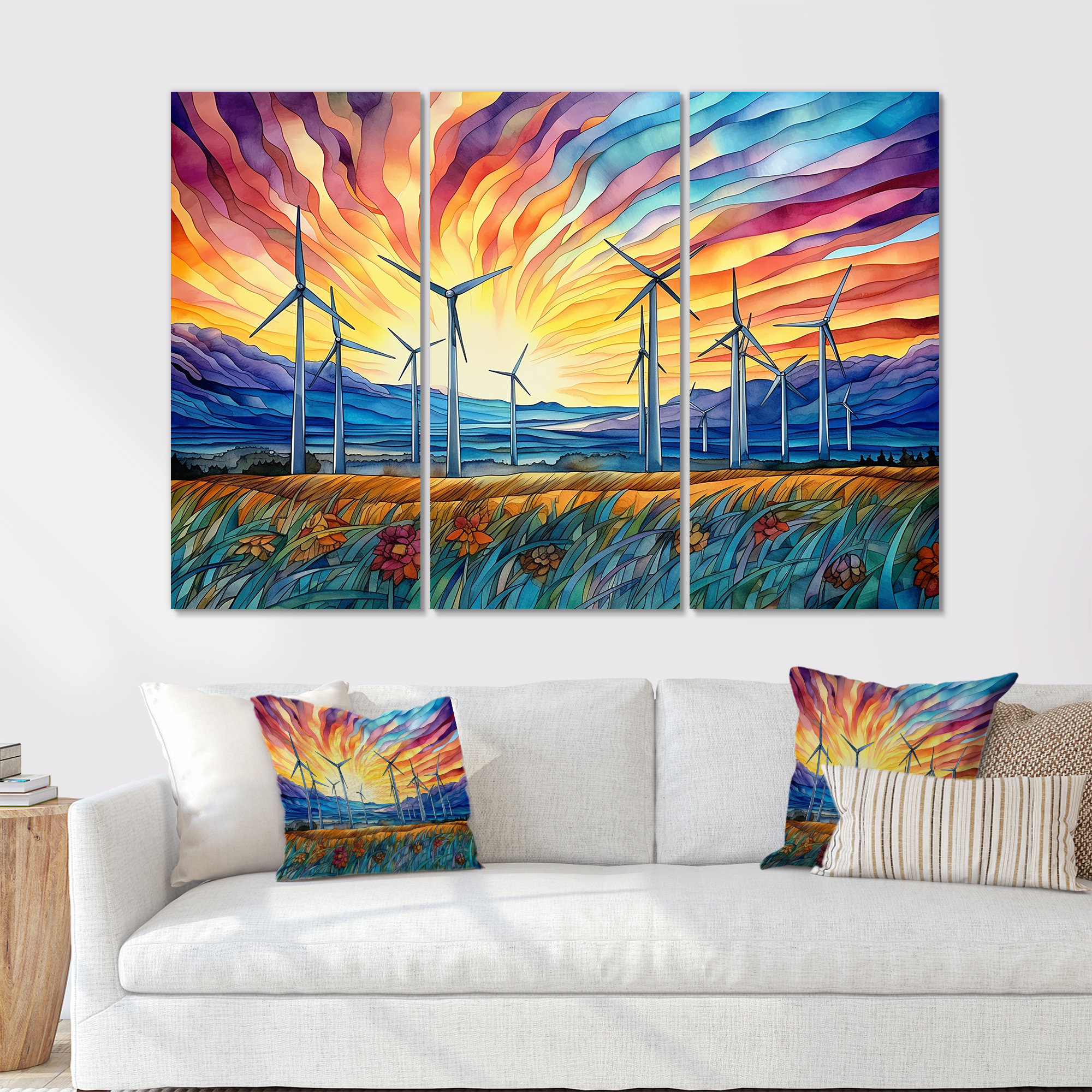 Lark Manor™ Wind Turbines Sunrise Meadow - Wind Turbines Canvas Art Set ...