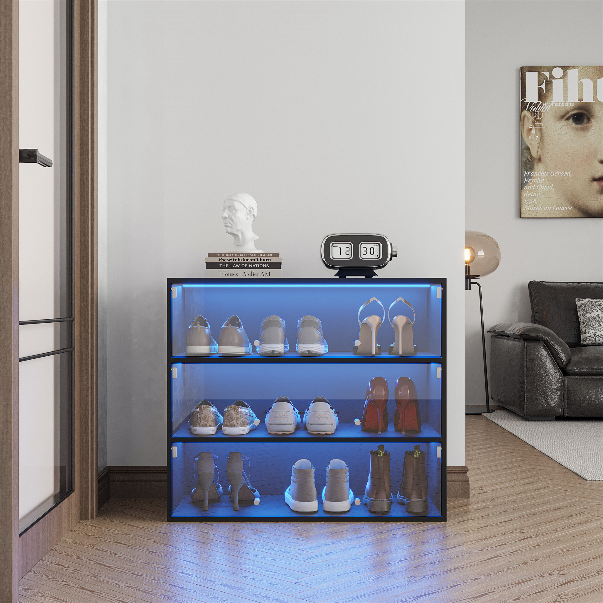 Ivy Bronx Black Glass Door Shoe Box Shoe Storage Cabinet With Led Light ...