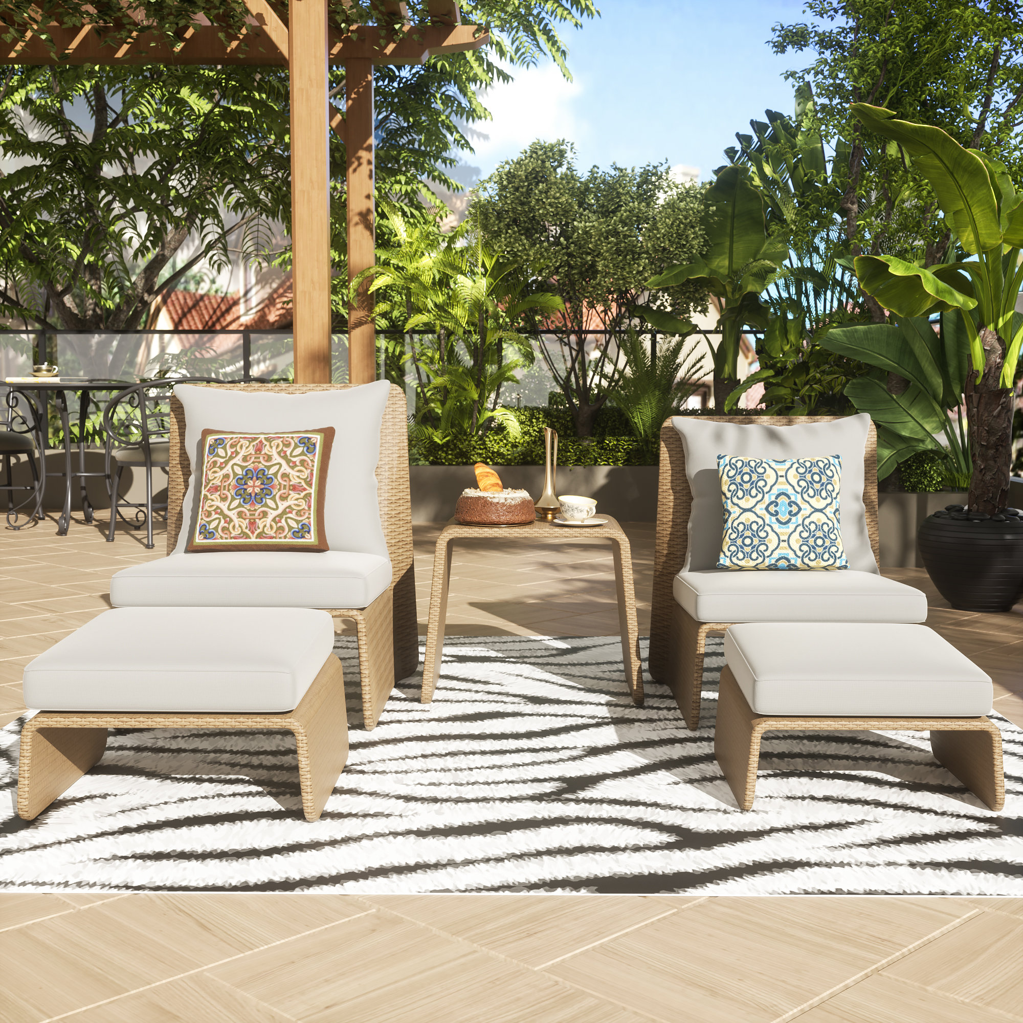 Wrought Studio 5 Pieces Wicker Outdoor Sofa Chair with Ottoman Footrest ...