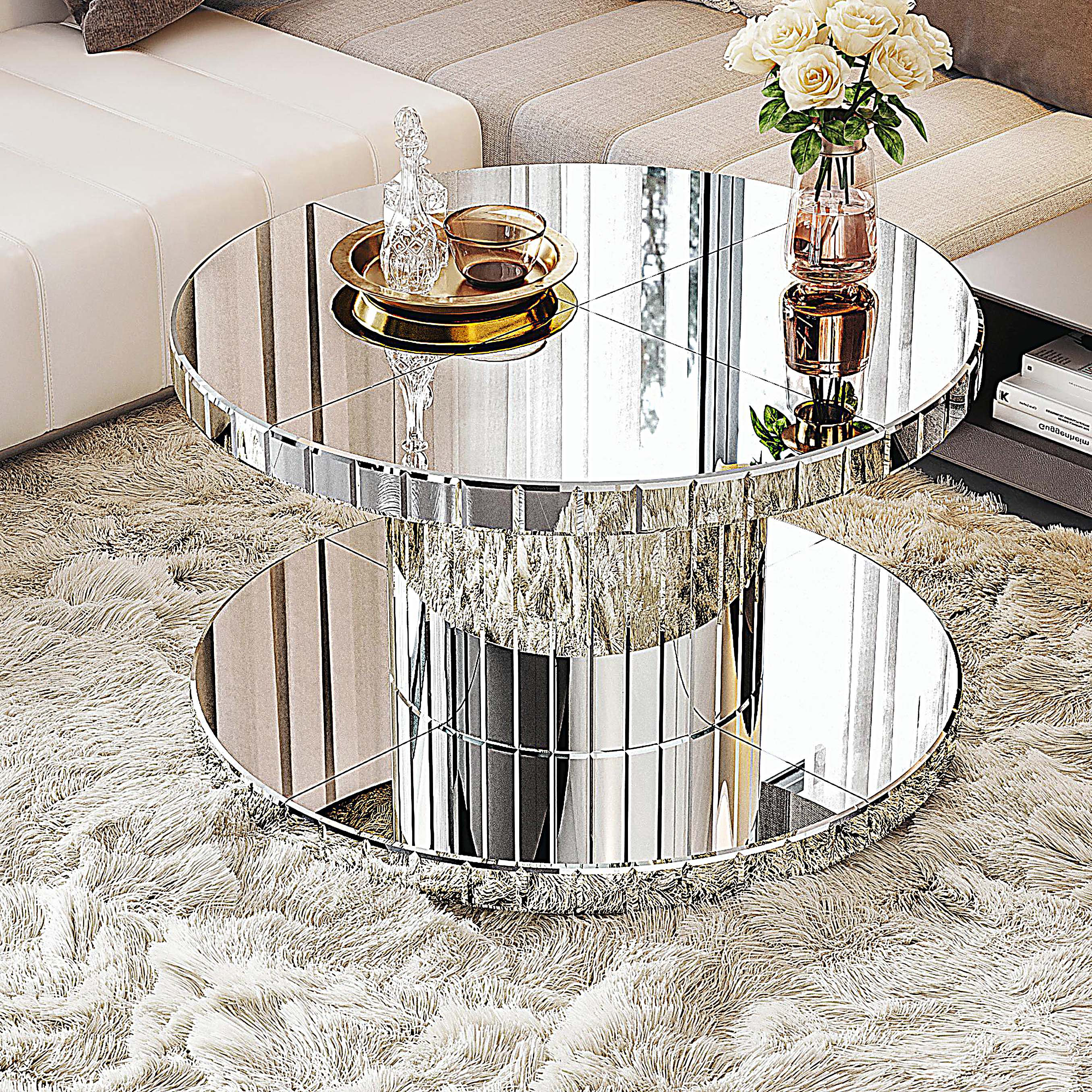 Everly Quinn Double-Tier Round Mirror Coffee Table with Fluted Glass ...