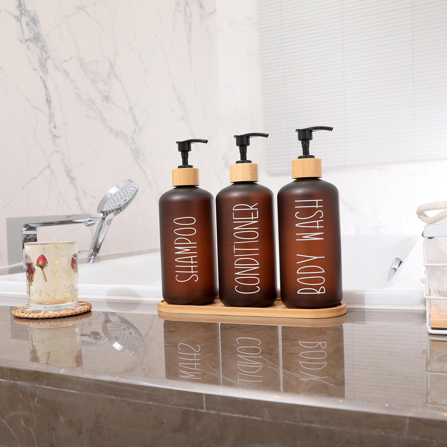 Hokku Designs Amber Shower Dispenser Set, Contains 3 Extra-Thick PET ...