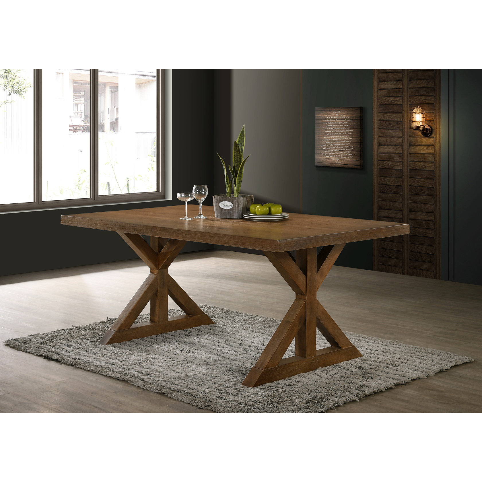 Lark Manor Enna Morden Farmhouse Wood Trestle Dining Table, Brushed ...