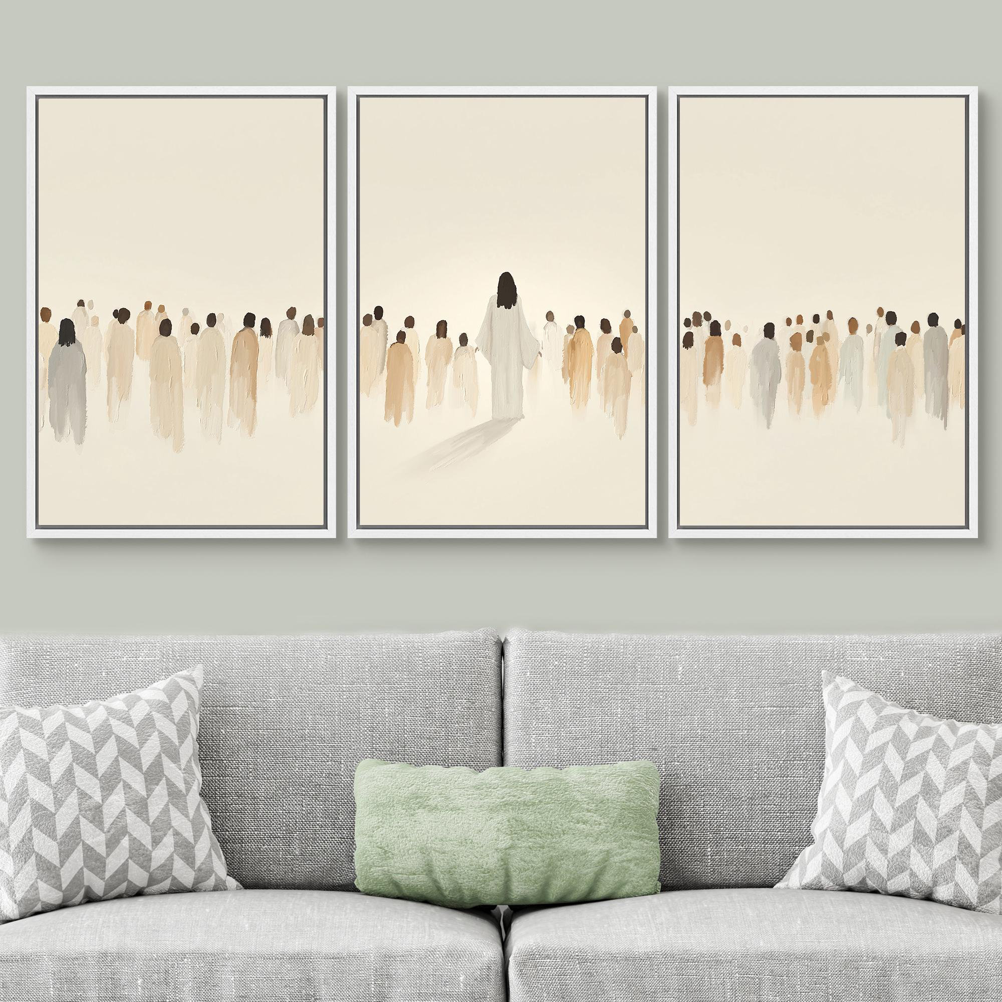 IDEA4WALL Religious Jesus and the Crowd Artwork, Christian Minimalist Beige Abstract Artwork ...