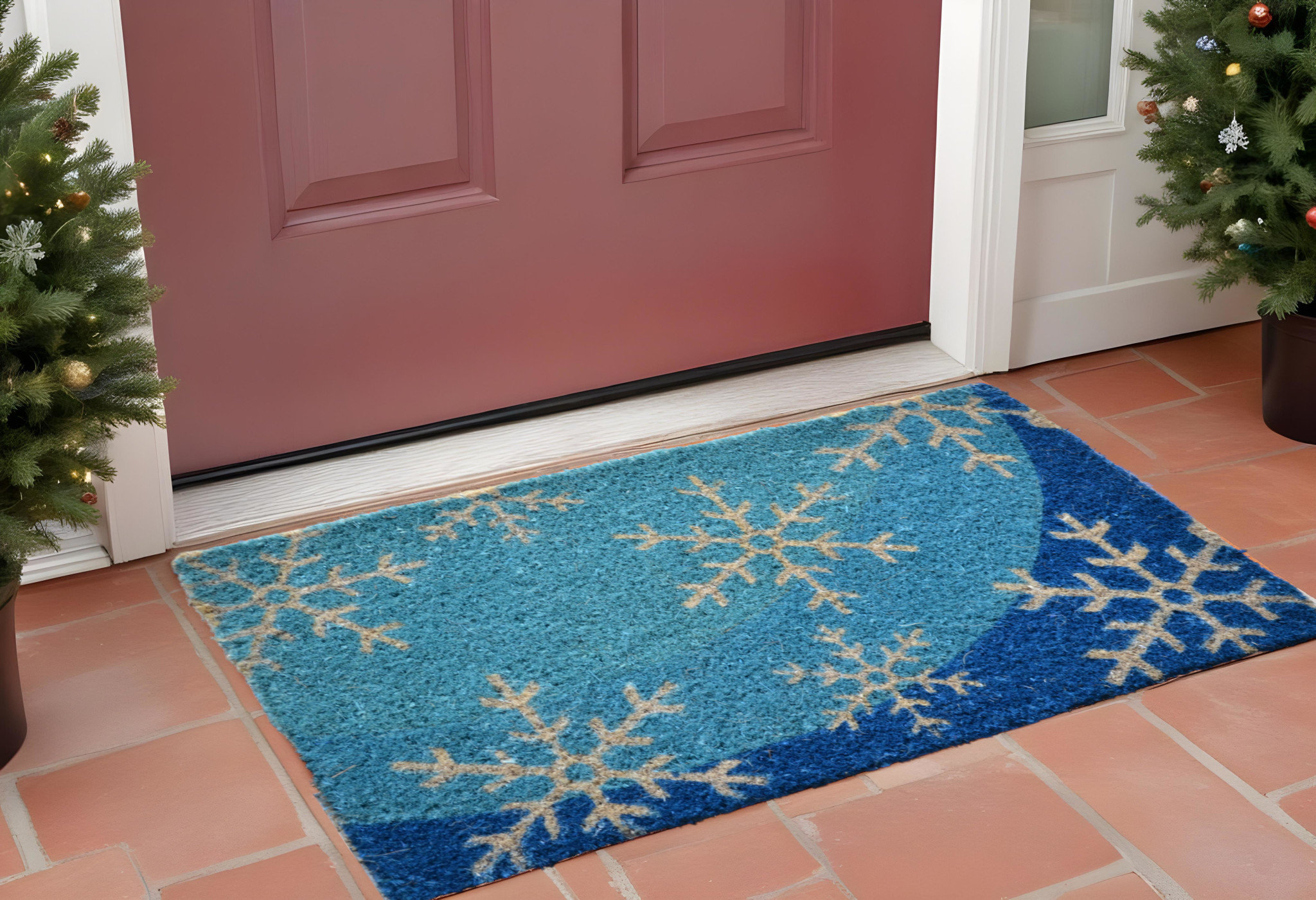 HomeRoots 18" X 30" Blue and White Coir Snowflake Outdoor Winter Door ...