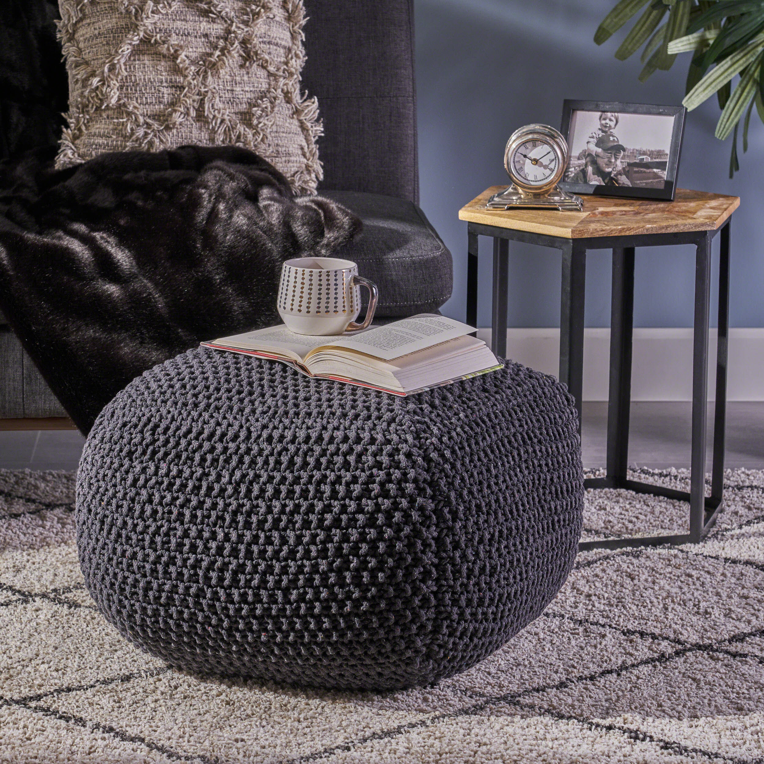 Dakota Fields Handwoven Square Pouf Ottoman, Textured Cotton Knit Floor ...