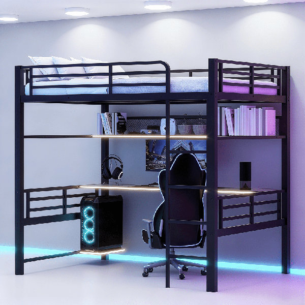 One Allium Way® Full Size Metal Loft Bed with Storage Shelf & LED ...