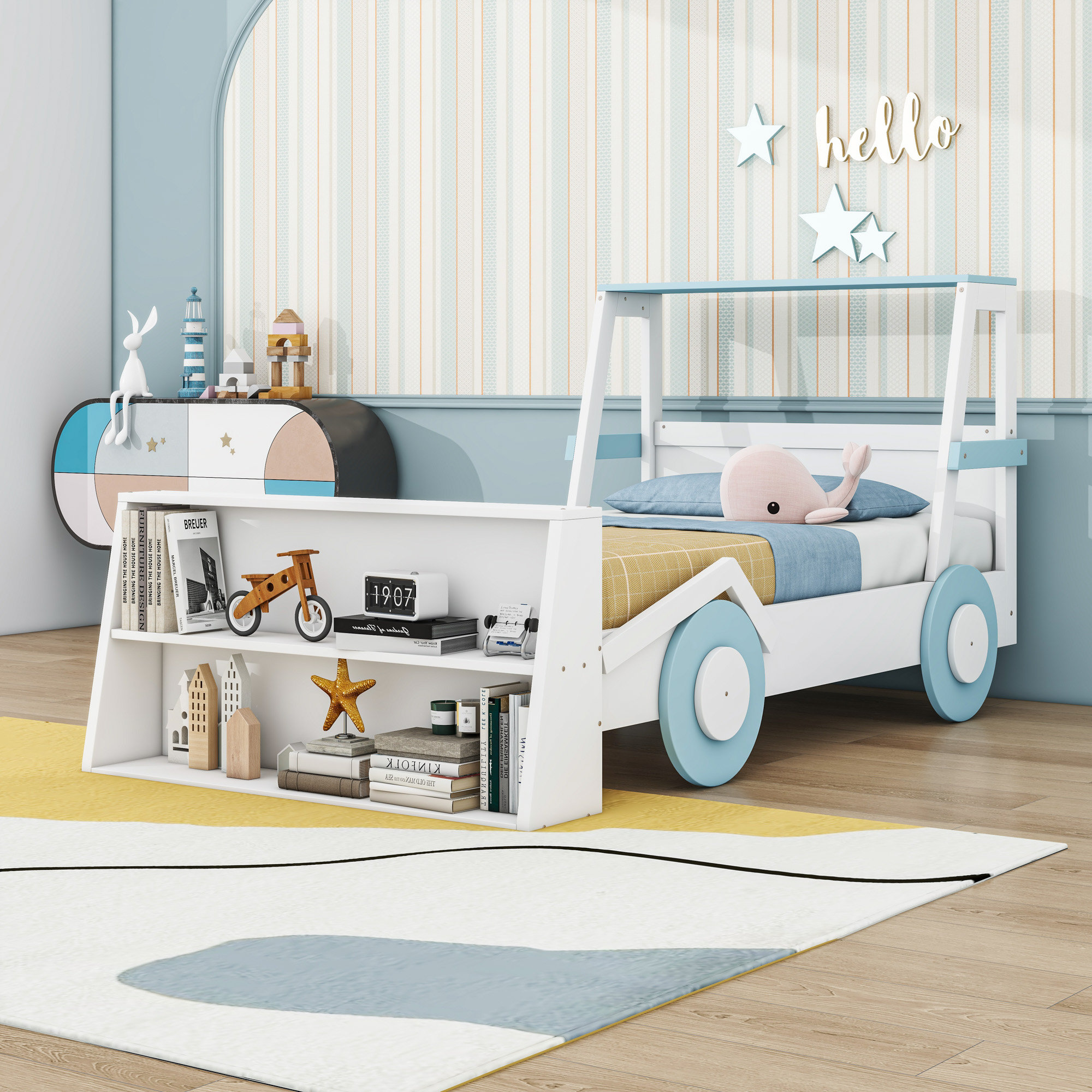 Harriet Bee Twin Wood Car Bed with Storage Shelves and Fun Racecar ...