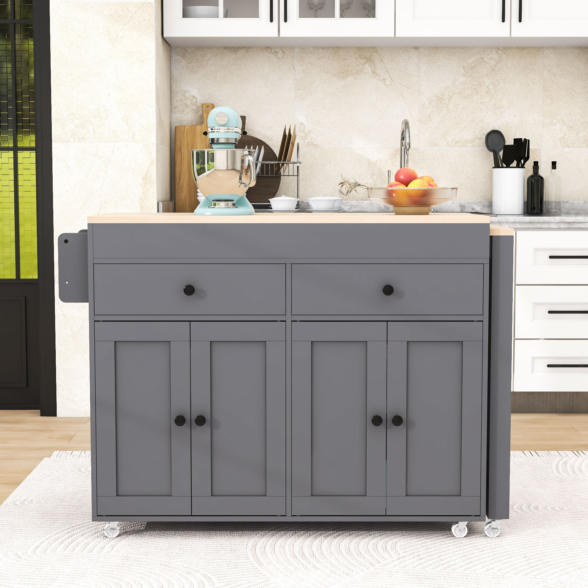 Latitude Run® Limbrey Expandable Kitchen Island on Wheels with 2 ...