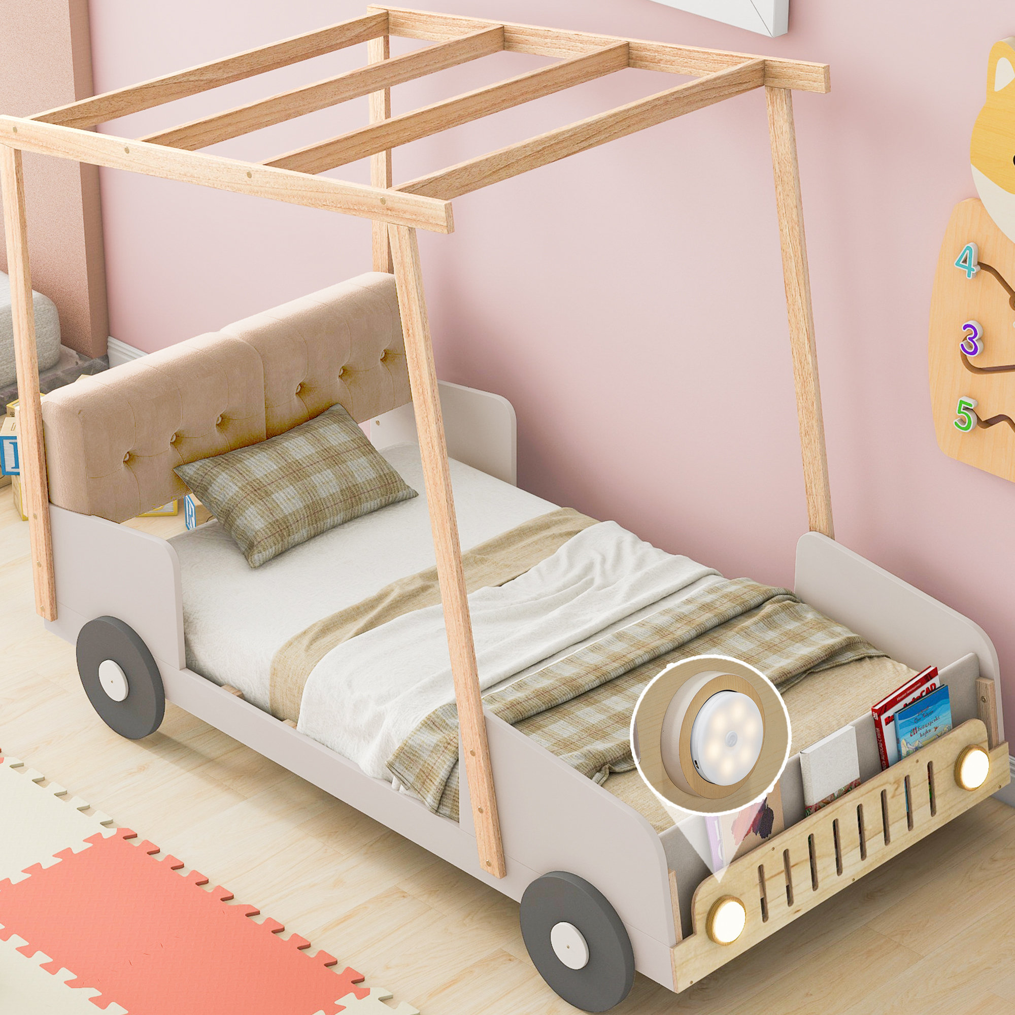 Zoomie Kids Wood Full Size Car Bed With Pillow, Ceiling Cloth And LED ...