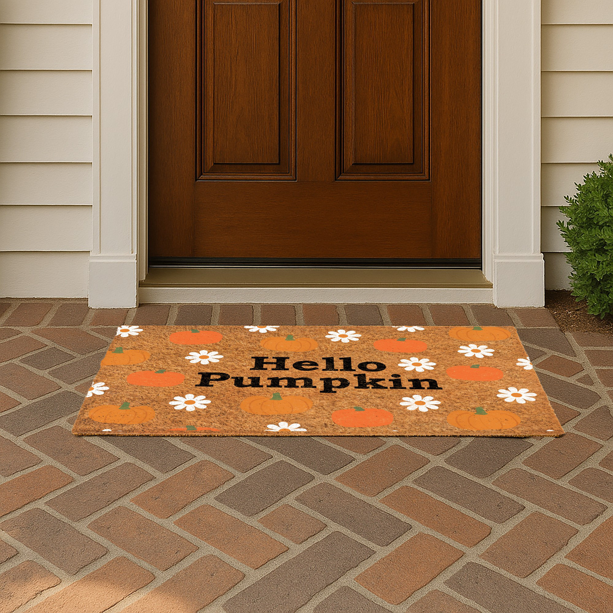 Trinx Hello Pumpkin Daisy Pattern Coir Door Mat | Wayfair