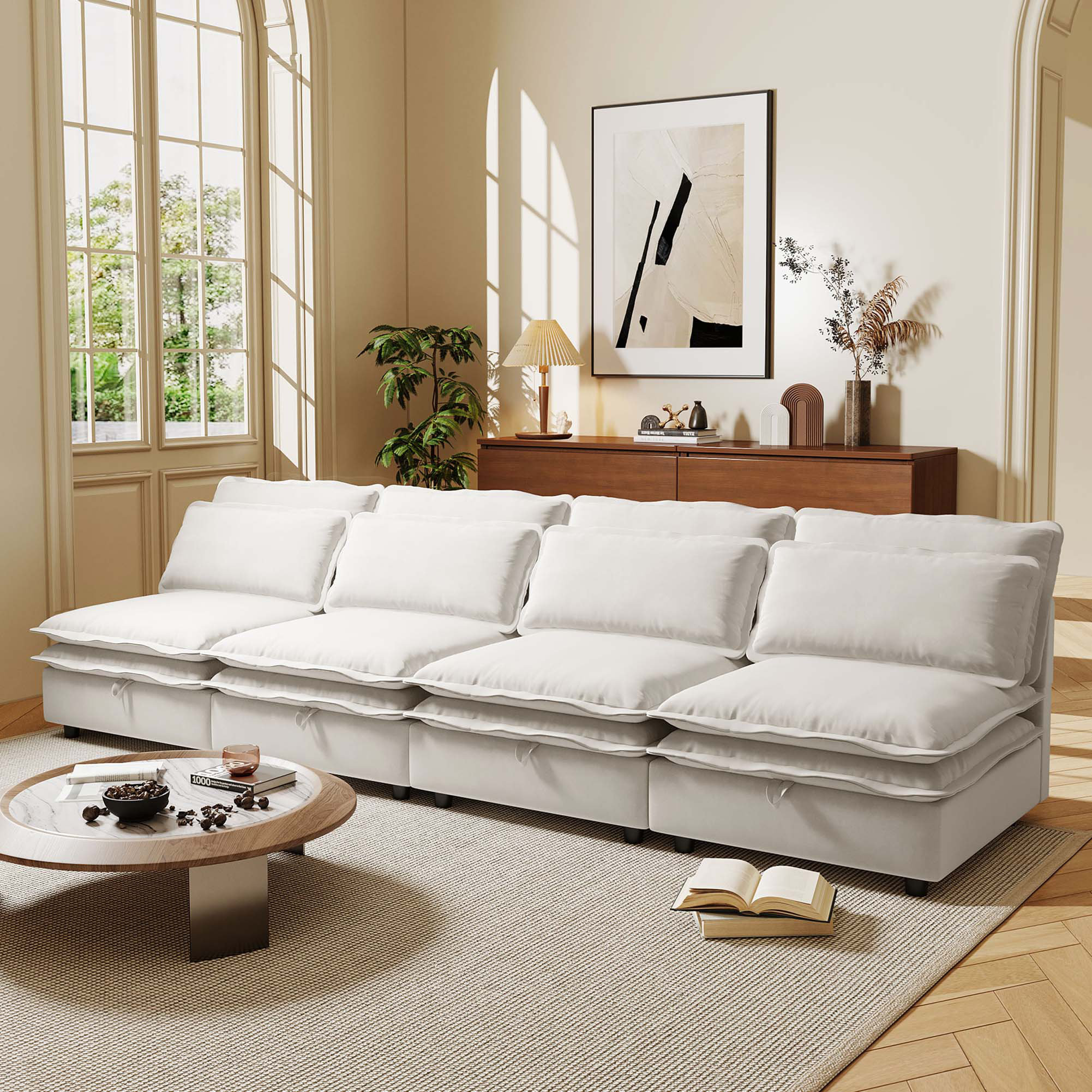 Mercer41 Double-Layer Cushion Modular Sofa, Freely Combinable, 4-Seater ...