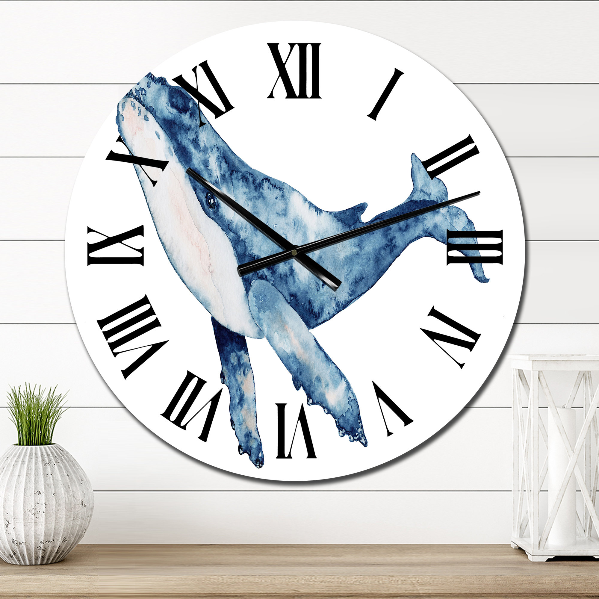 East Urban Home Blue Whale on White II - Nautical & Coastal Wall Clock ...