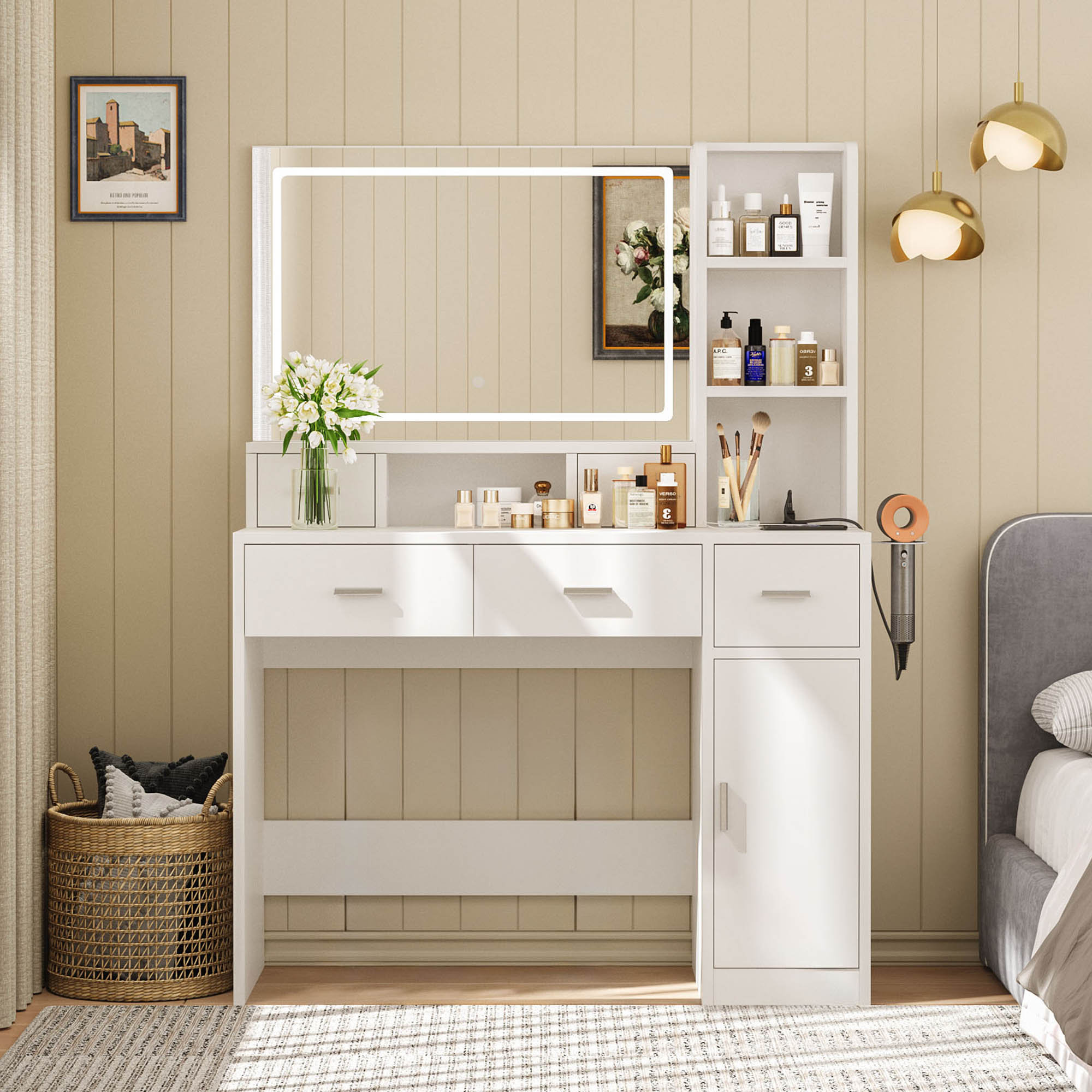 Ebern Designs Makeup Vanity with Lights, Bedroom Vanity Desk with Light ...