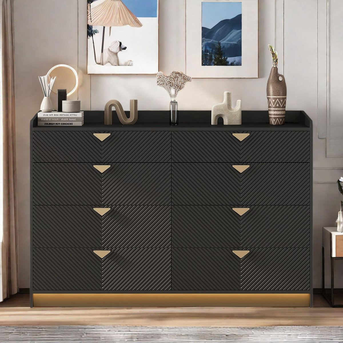 Mercer41 Modern Dresser With 8 Drawers, Led Light, Wavy Fluted Panels ...